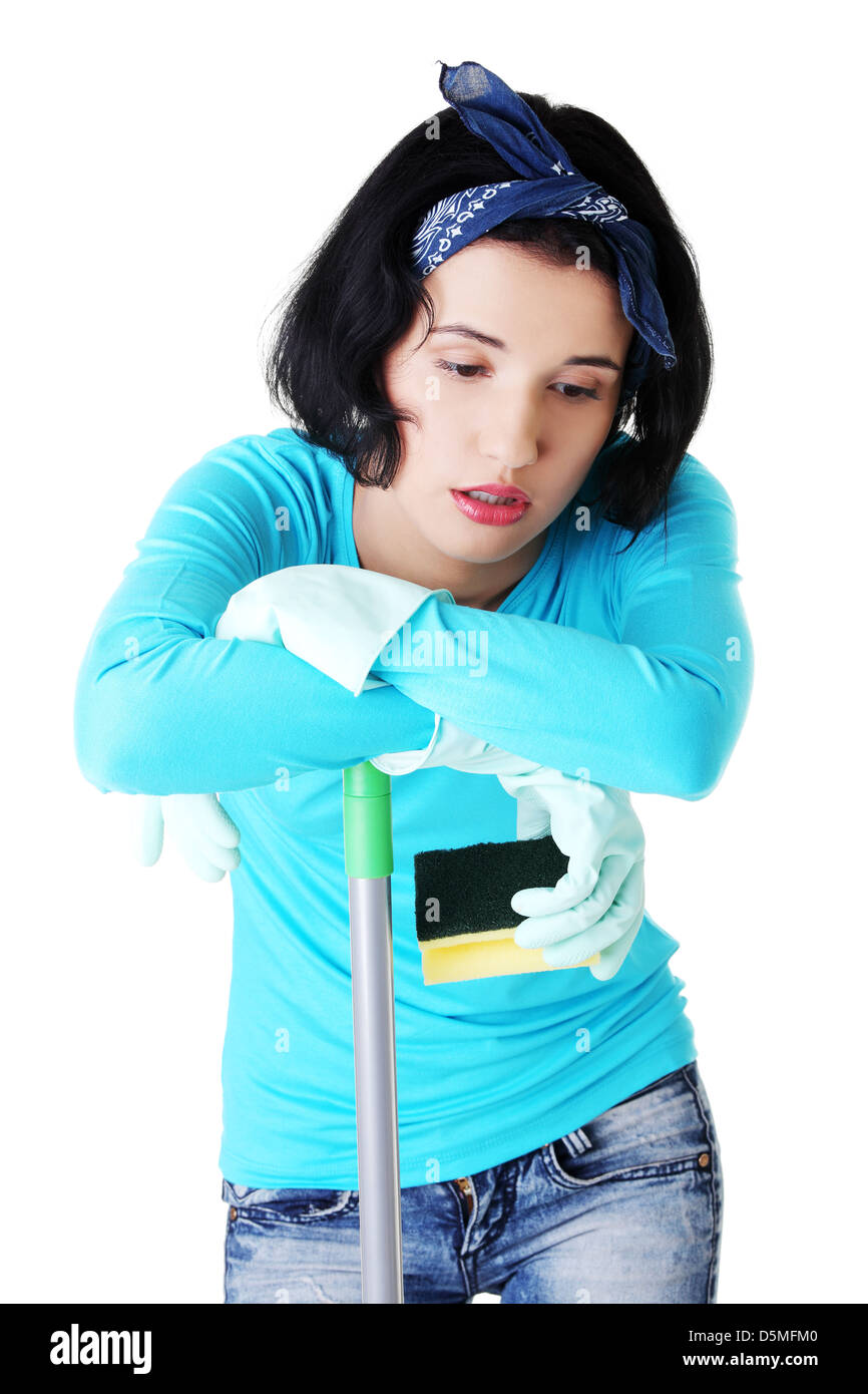 Tired frustrated and exhausted cleaning woman, isolated on white Stock ...
