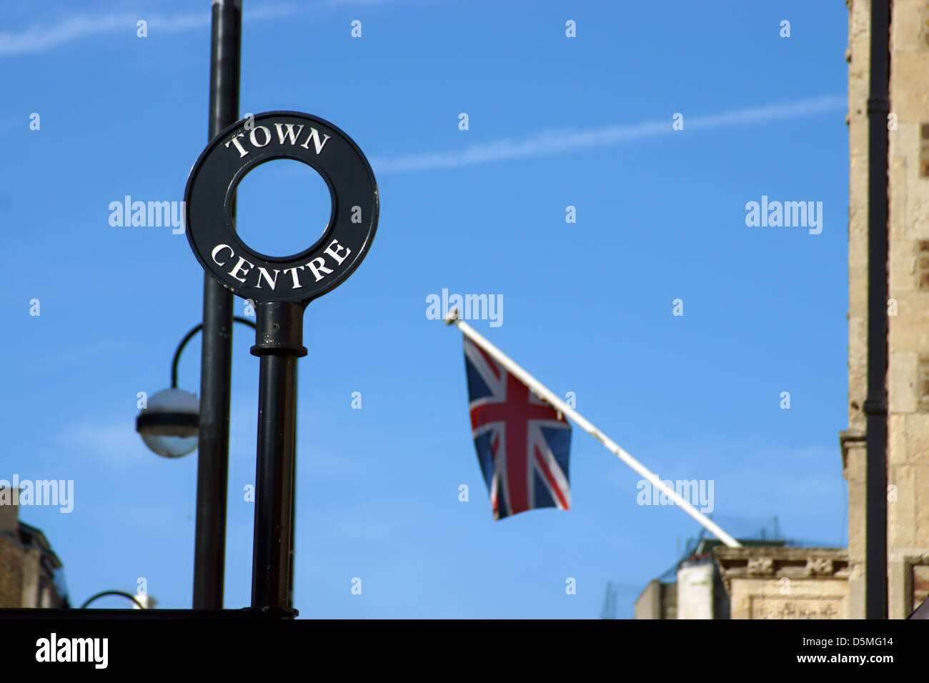 Hastings town center sign union jack waving sky Stock Photo - Alamy