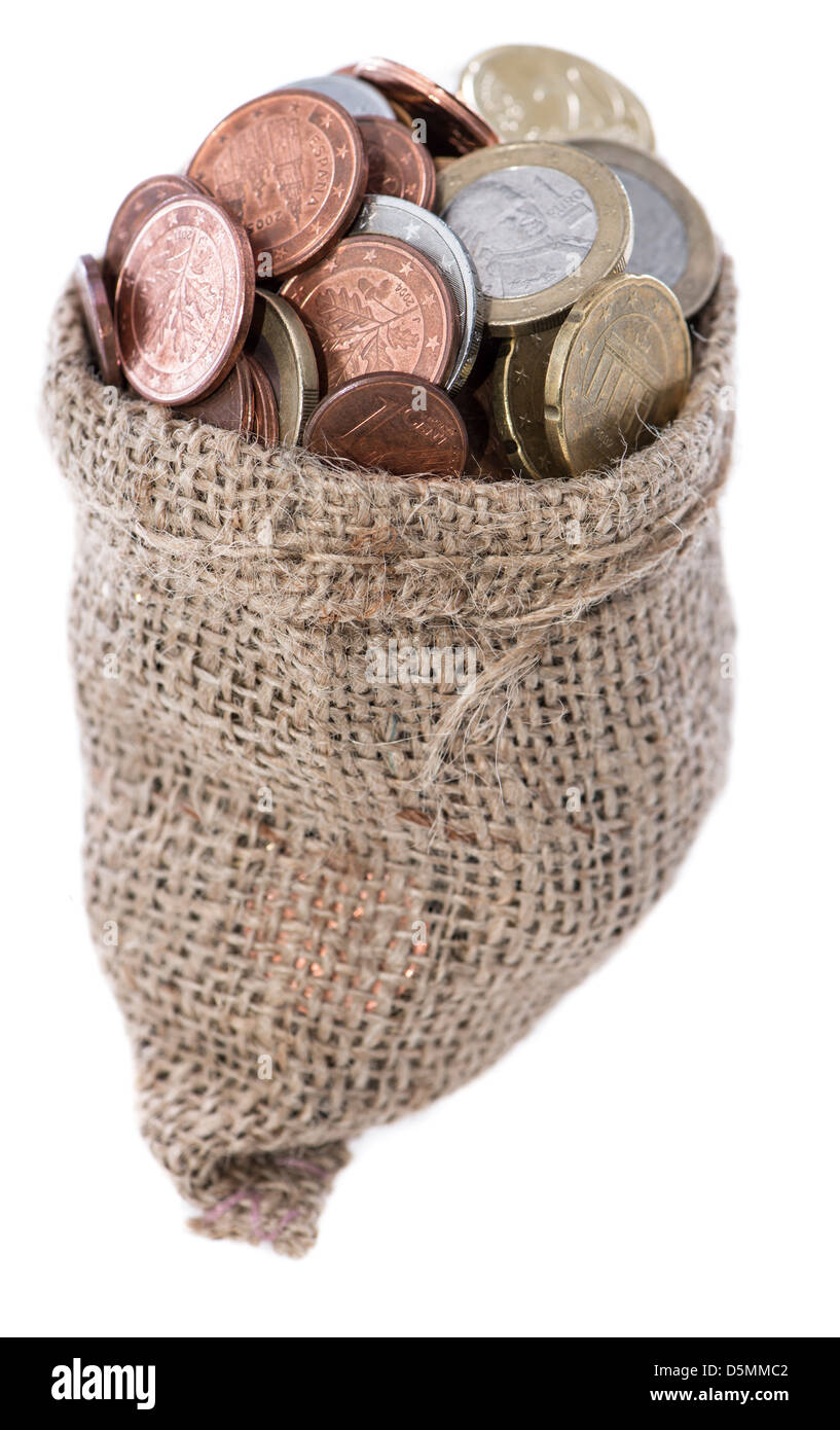 Euro Coins in a small bag isolated on white background Stock Photo - Alamy
