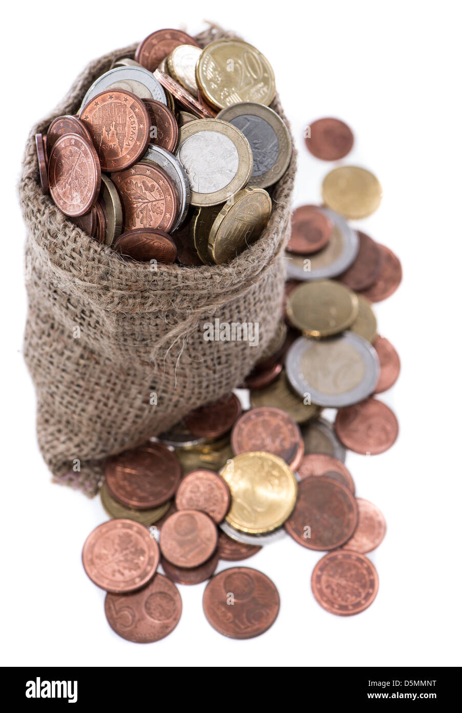 Euro Coins in a small bag isolated on white background Stock Photo - Alamy