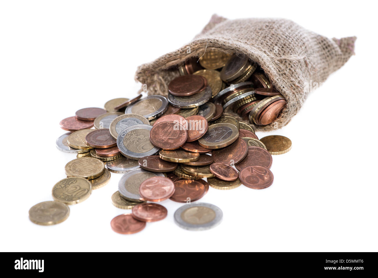 Euro Coins in a small bag isolated on white background Stock Photo - Alamy