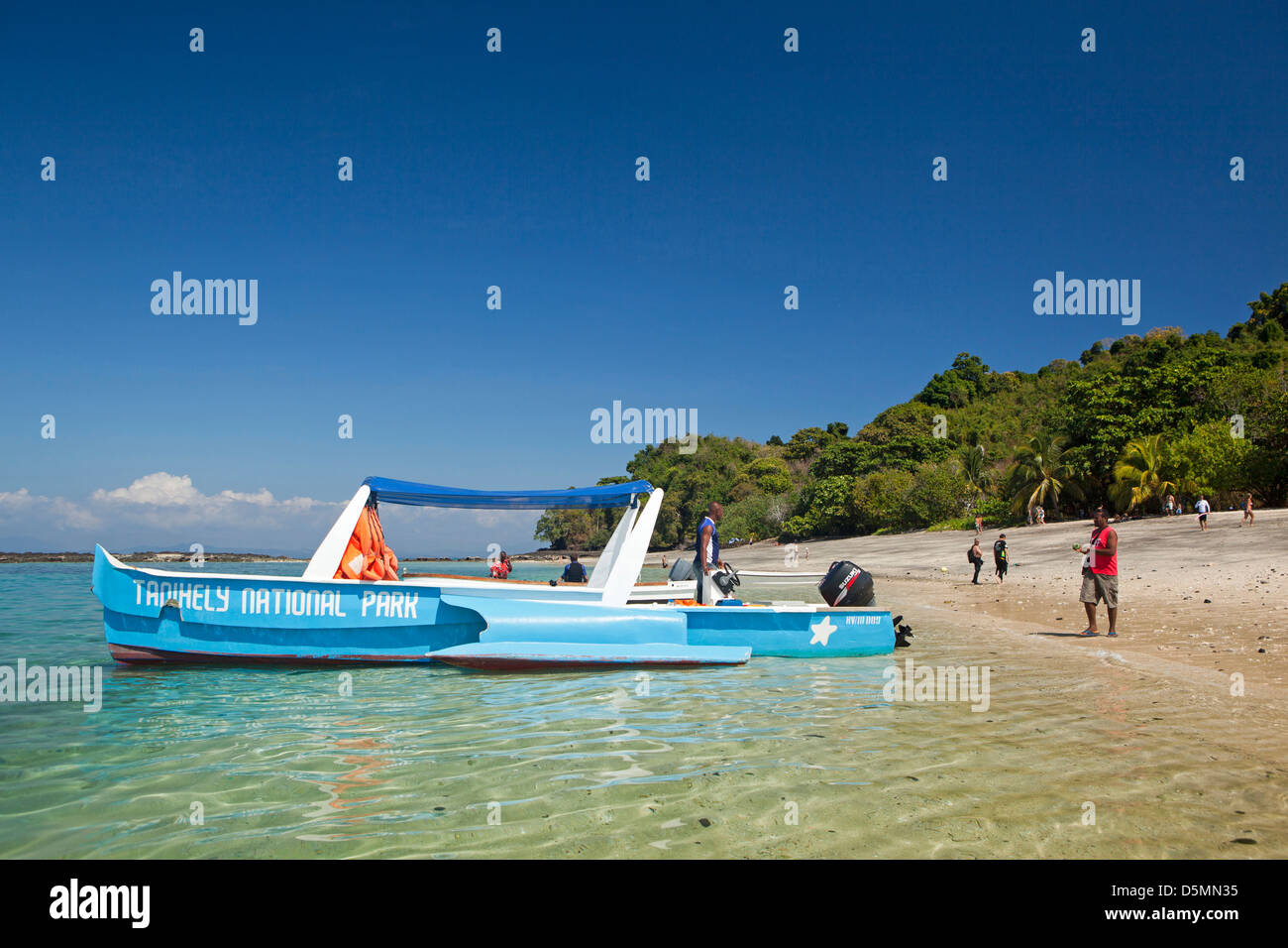 Madagascar, Nosy Be, Nosy Tanikely, main beach, national park boat ...