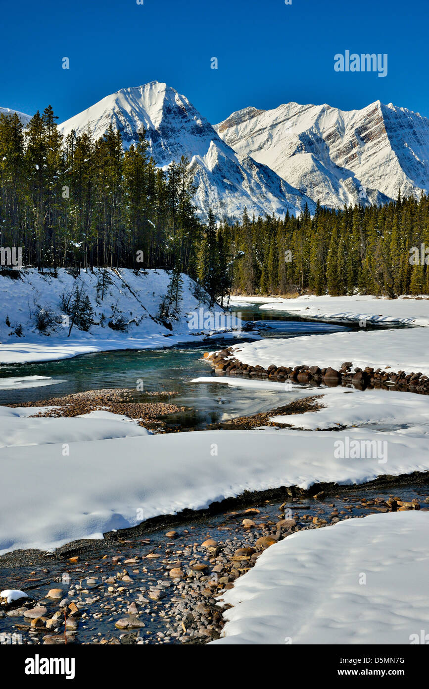 Snow-capped Rocky mountains and Athabasca river along the ice-fields ...