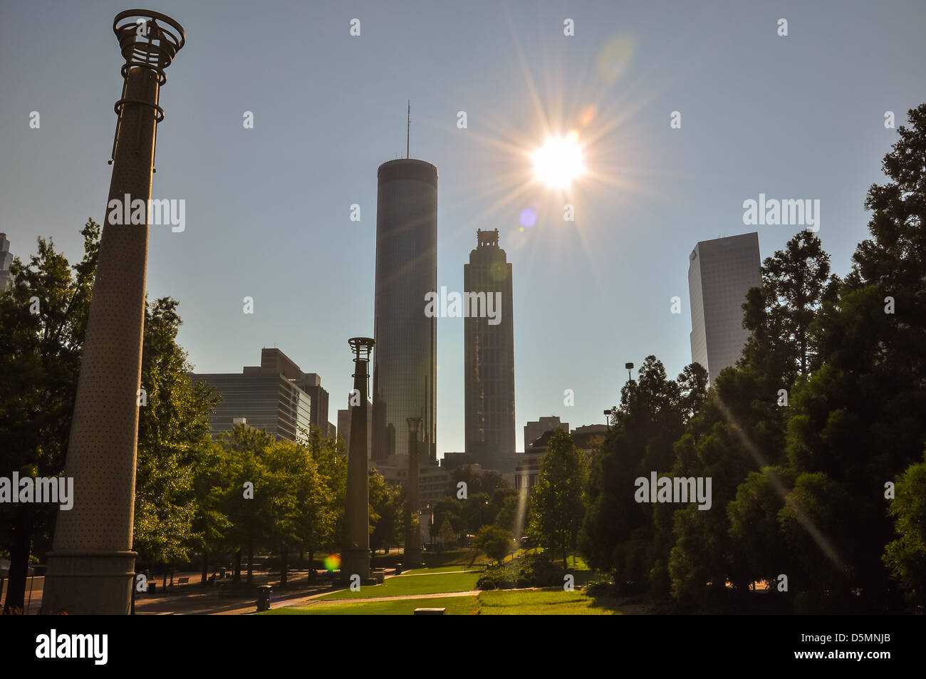 skyline of atlanta on a summer day, with a flaring sun Stock Photo - Alamy