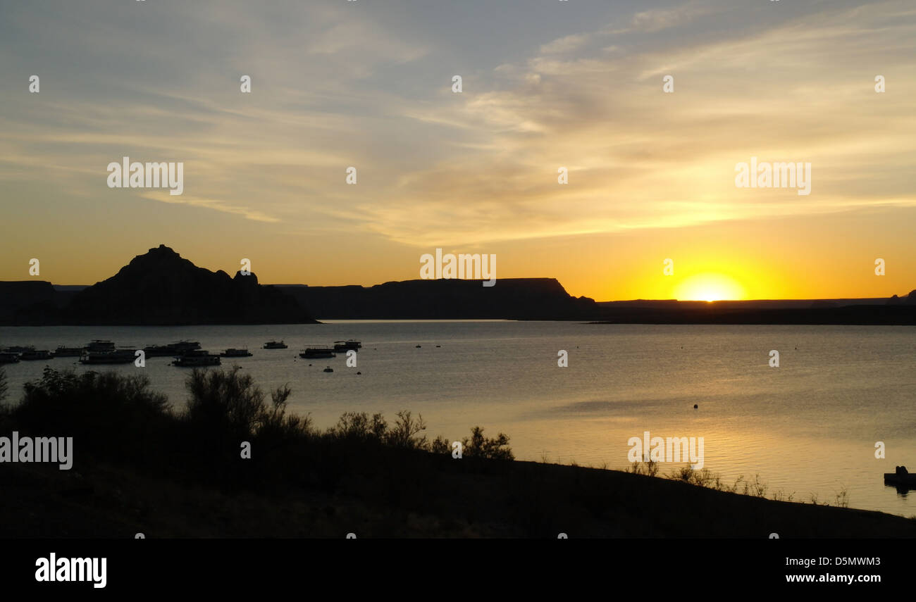View from Lake Powell Resort across water to 'Castle Rock' and yellow ...