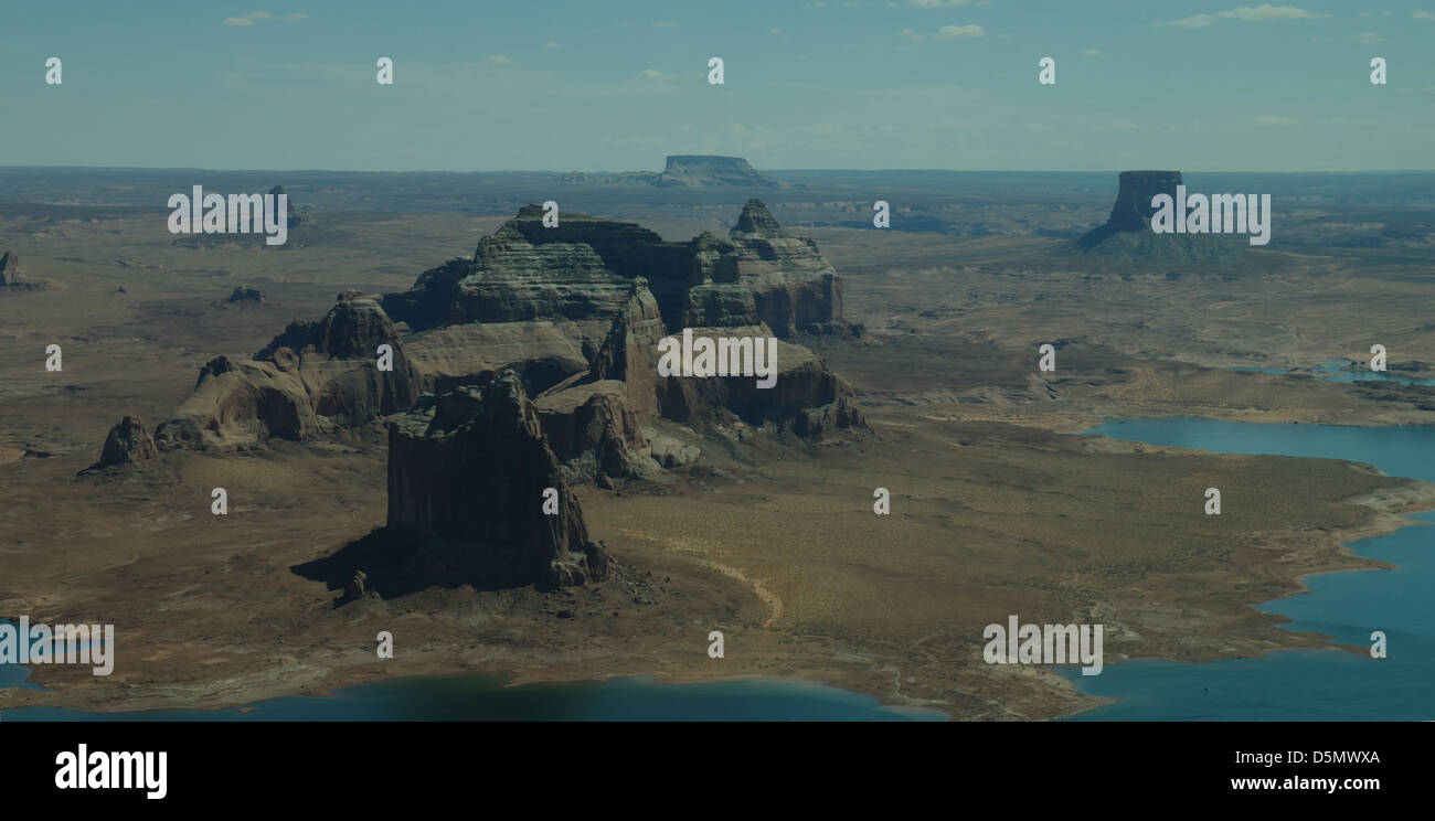 Blue sky aerial view Lake Powell, Dominguez Butte looking east to Tower ...