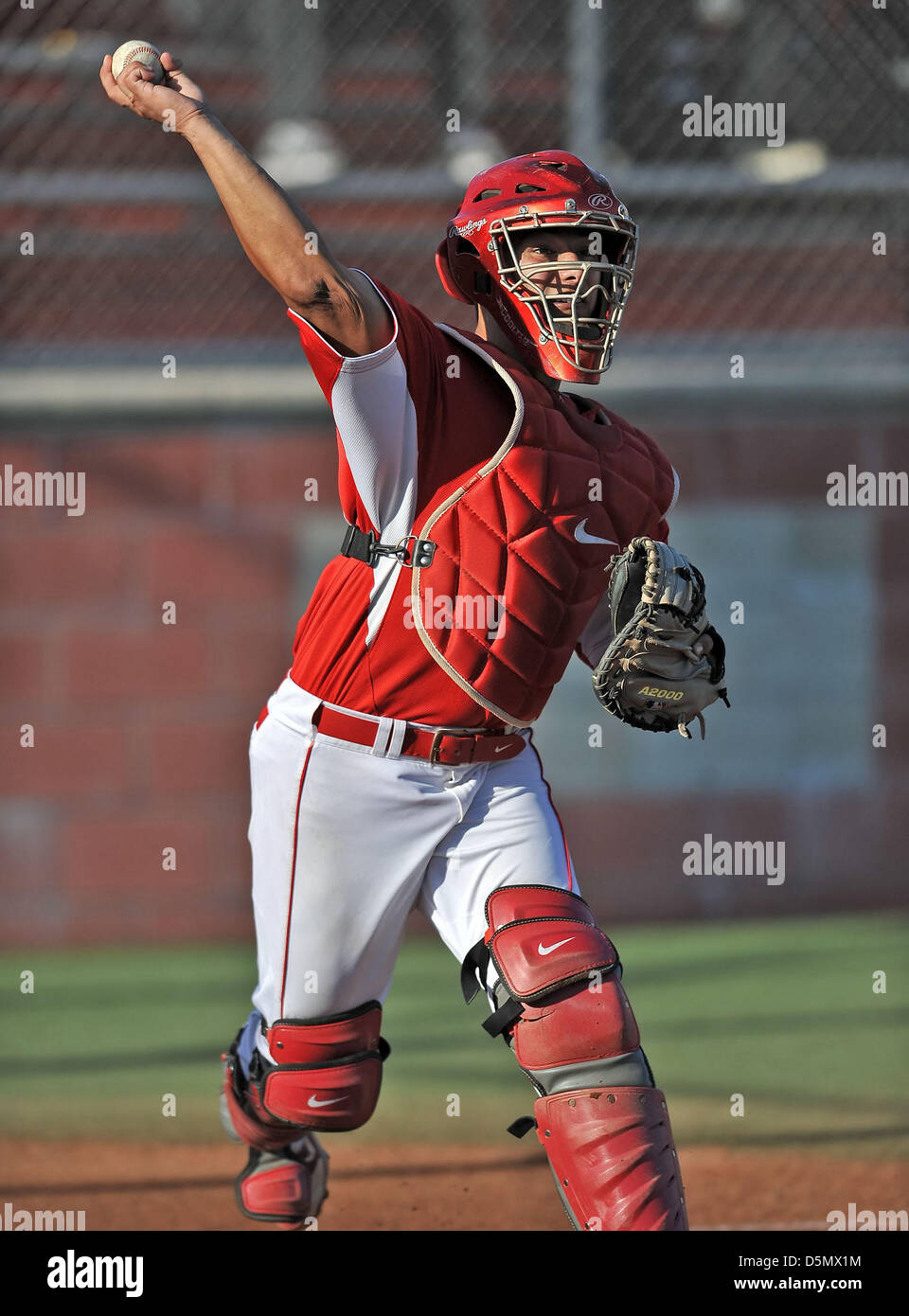 April 2, 2013 Santa Ana, CA.Mater Dei Catcher Jeremy Martinez #25, the ...