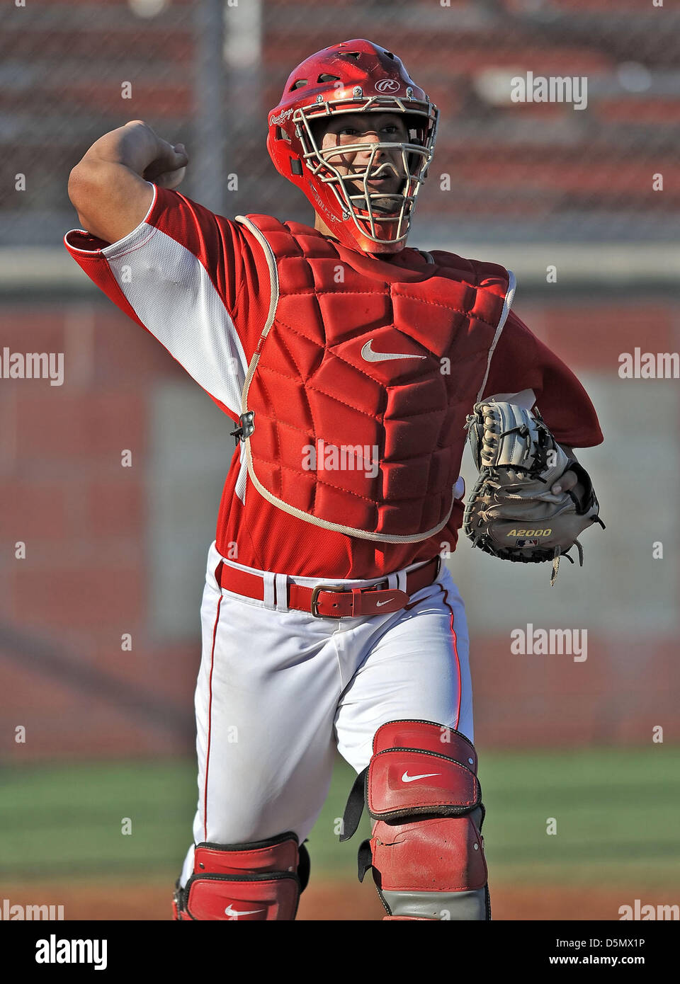 April 2, 2013 Santa Ana, CA.Mater Dei Catcher Jeremy Martinez #25, the ...