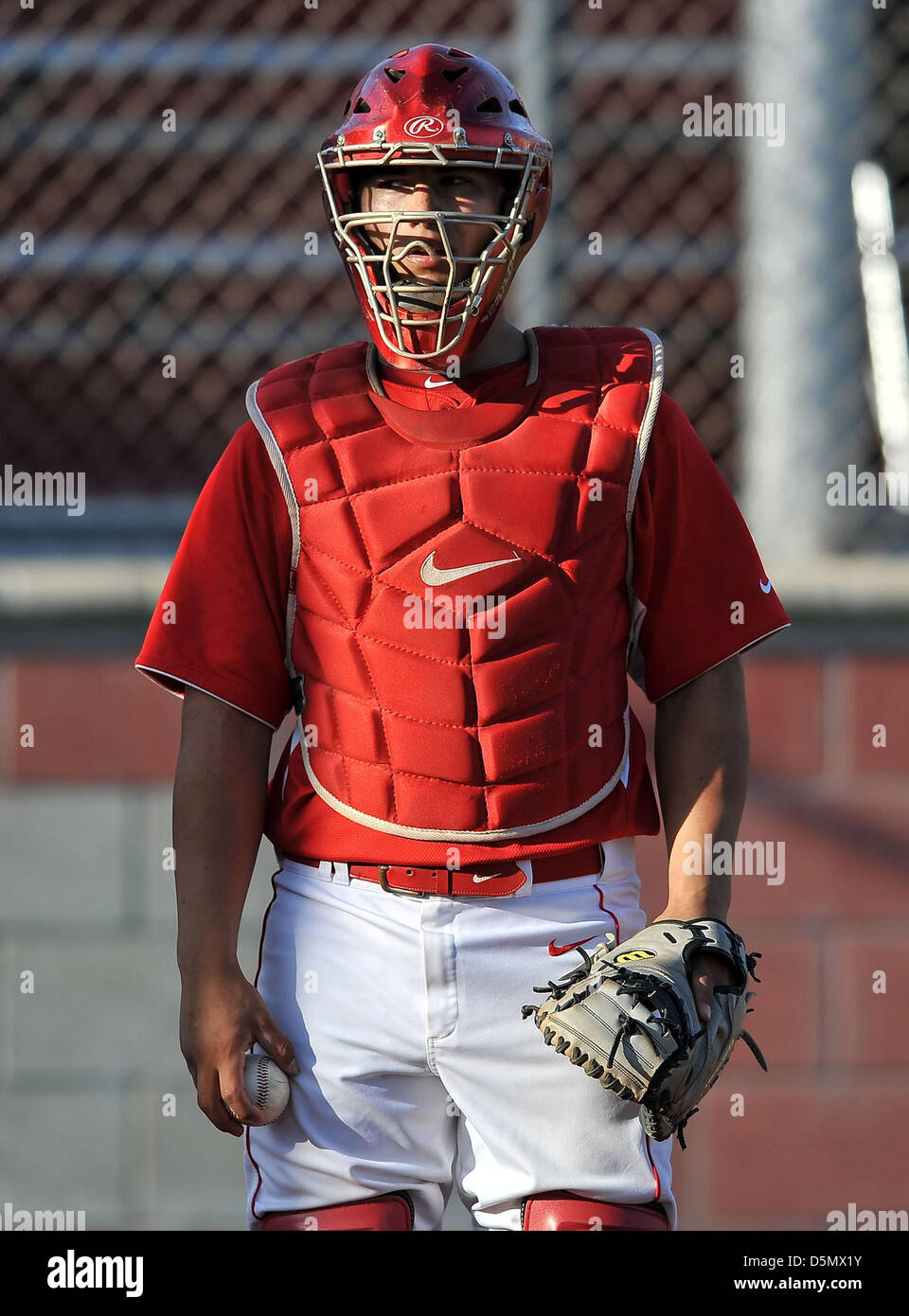 April 2, 2013 Santa Ana, CA.Mater Dei Catcher Jeremy Martinez #25, the ...