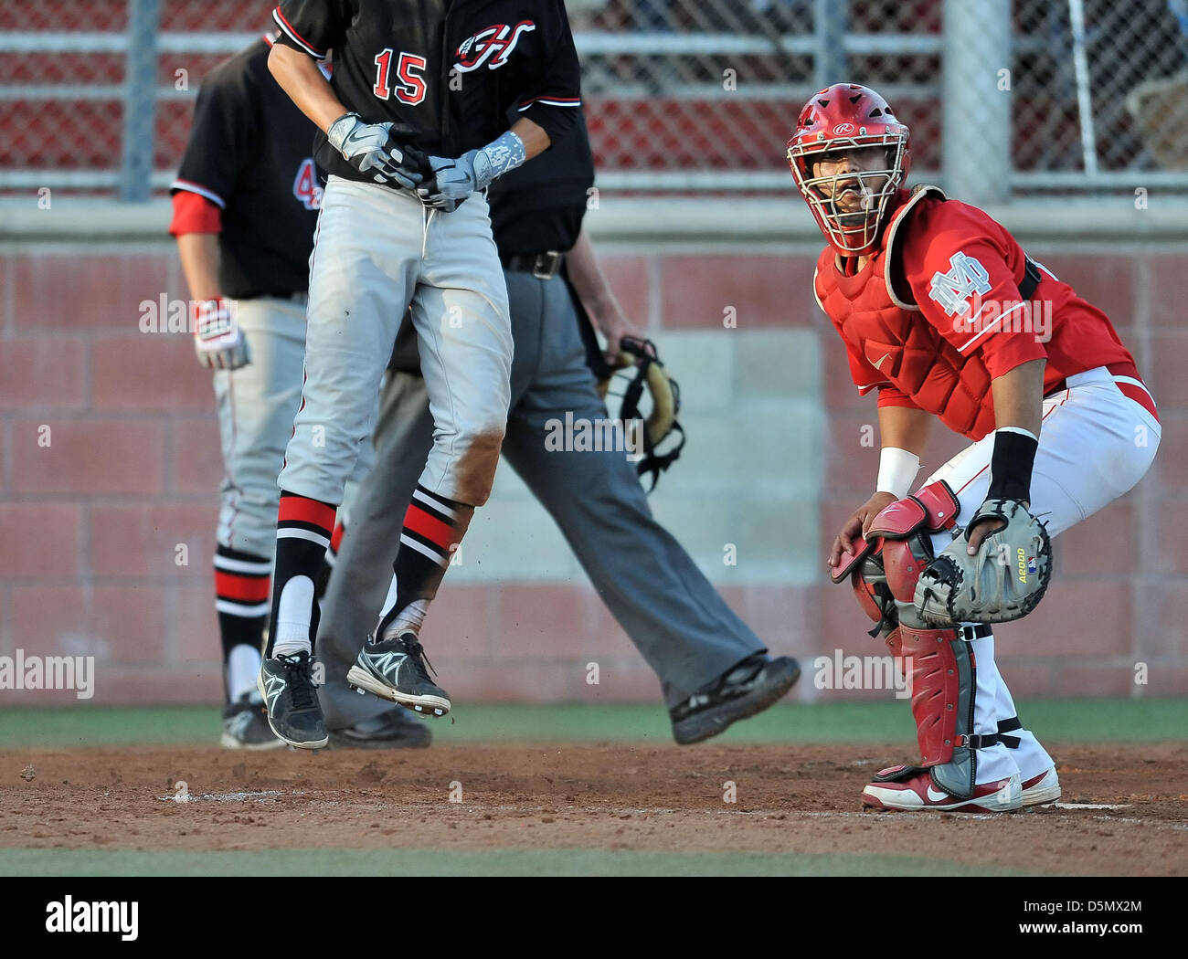 April 2, 2013 Santa Ana, CA.Mater Dei Catcher Jeremy Martinez #25, the ...