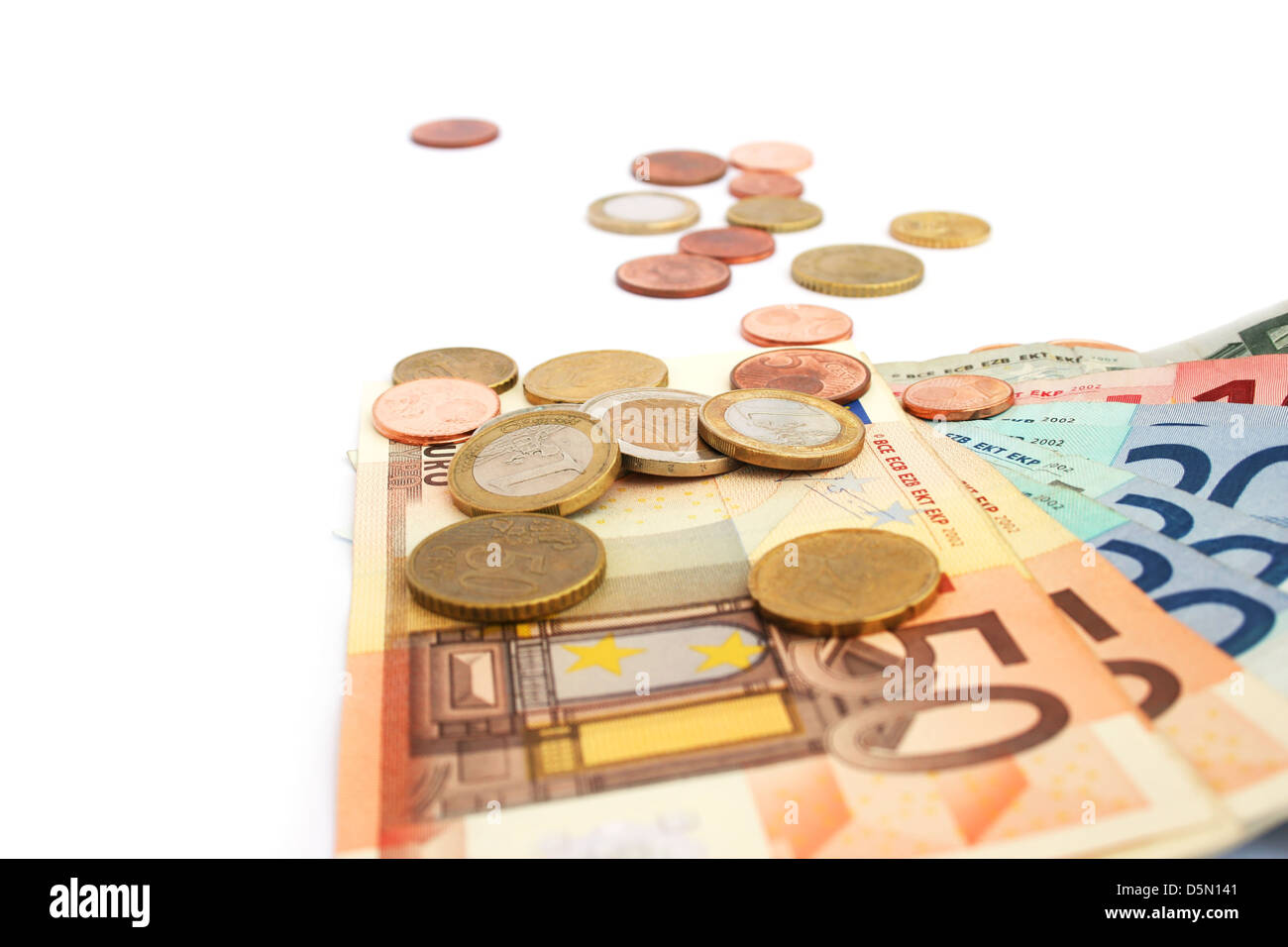 Coins and banknotes isolated on white background Stock Photo - Alamy