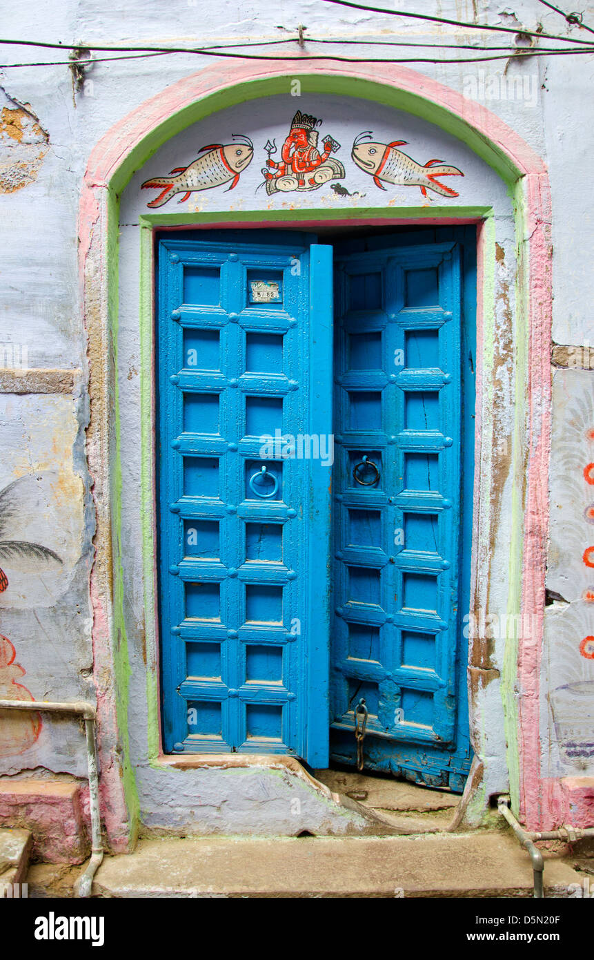 ancient blue wooden door in Varanasi city,India Stock Photo - Alamy