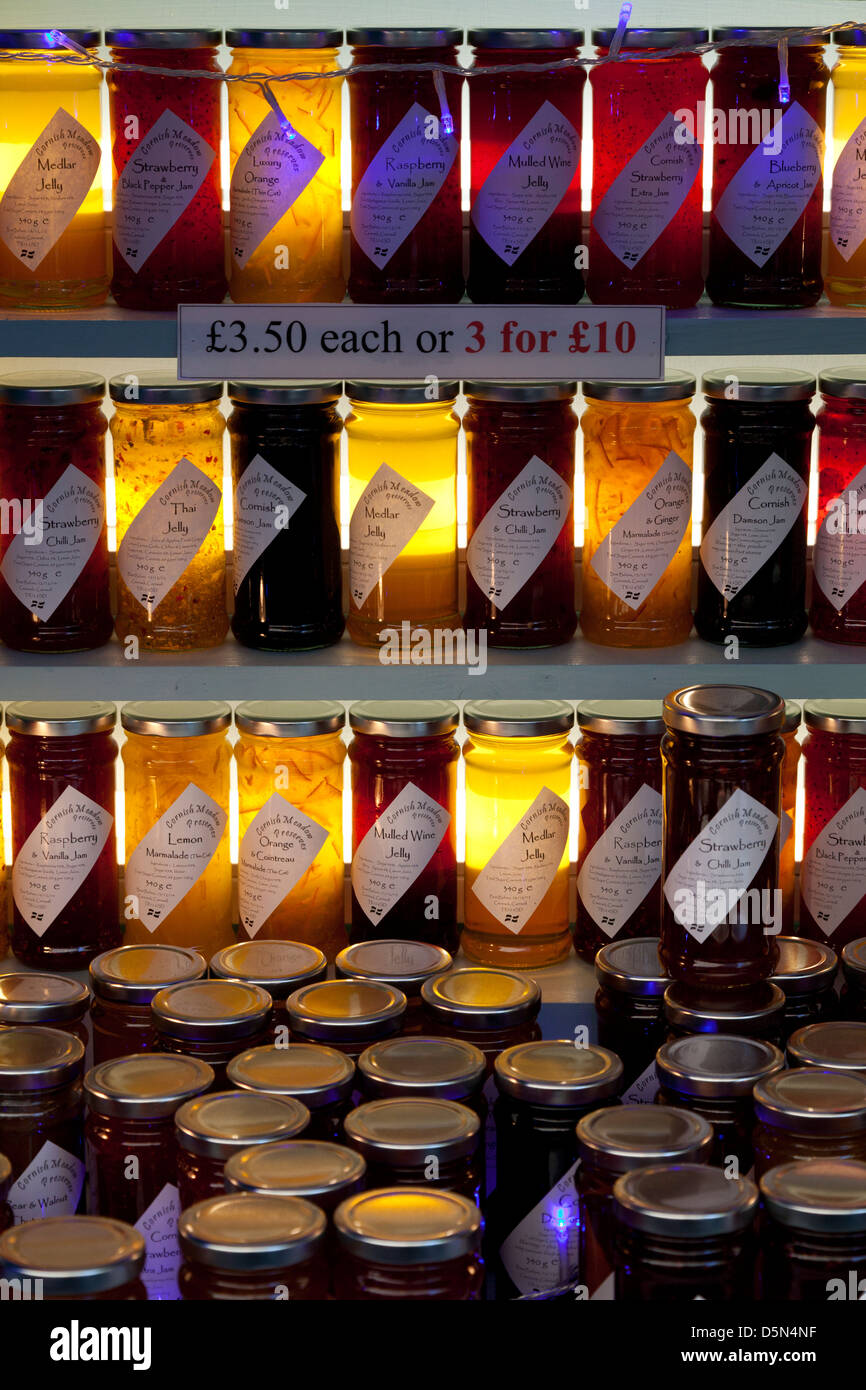 Jars of jam on stall at Real Food Market, Southbank, London Stock Photo ...