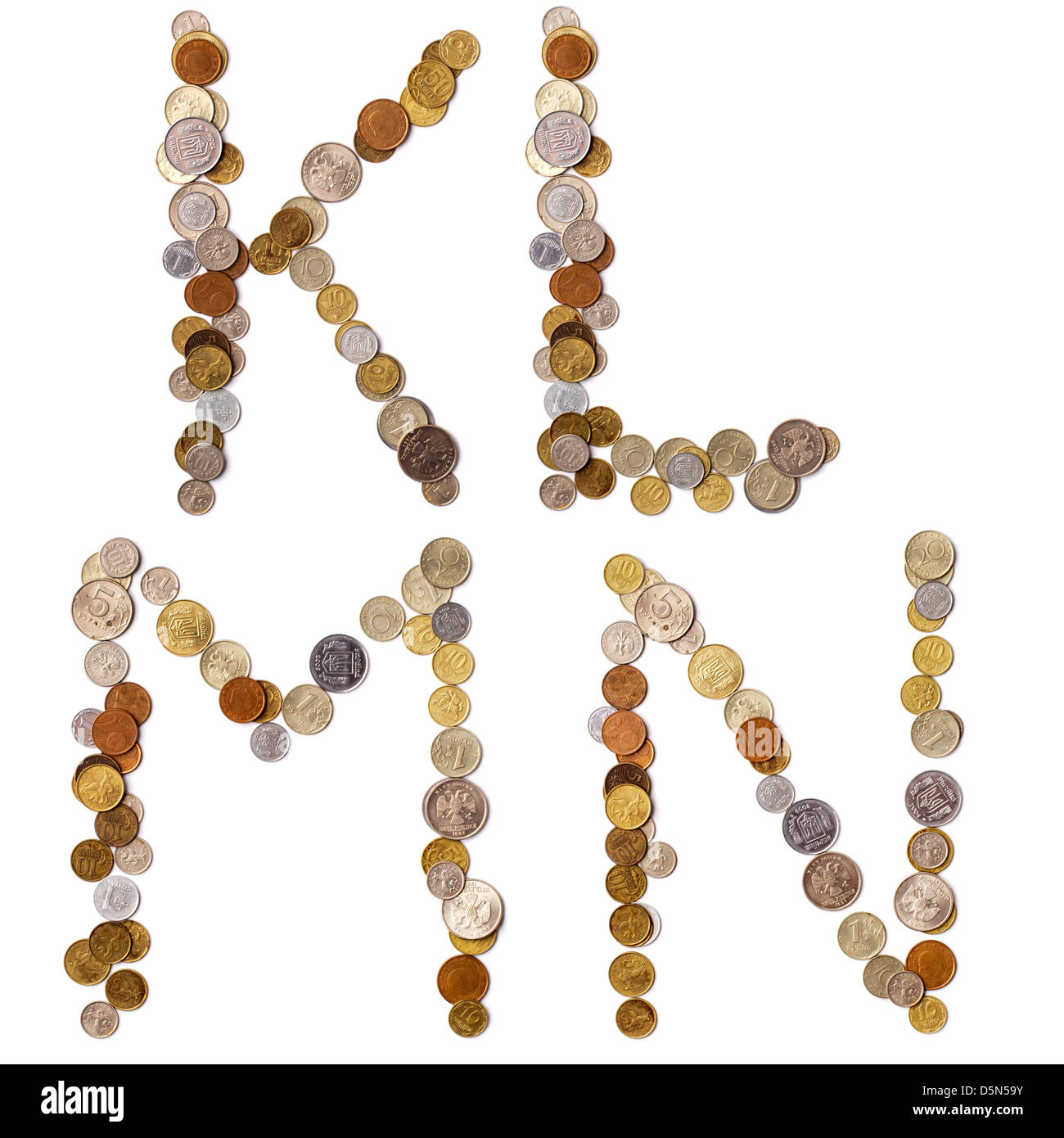 K-L-M-N alphabet letters from the coins Stock Photo - Alamy