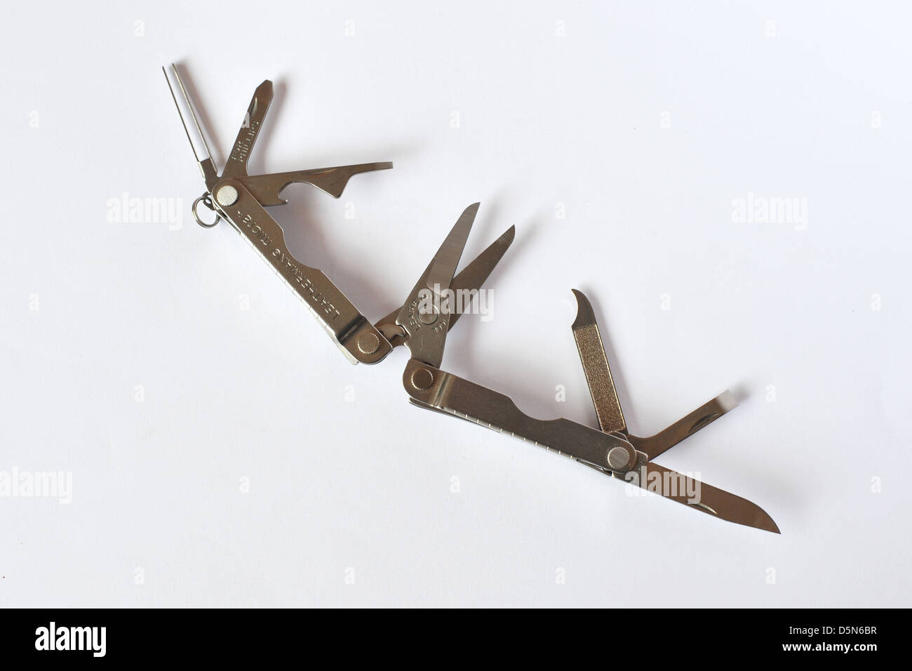 A micro leatherman multi tool photographed in a studio against a white ...