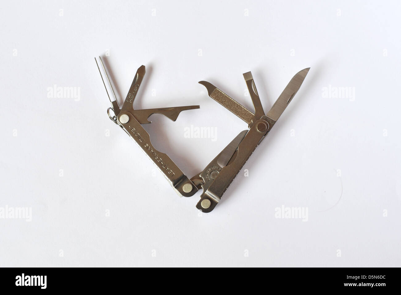 A micro leatherman multi tool photographed in a studio against a white ...