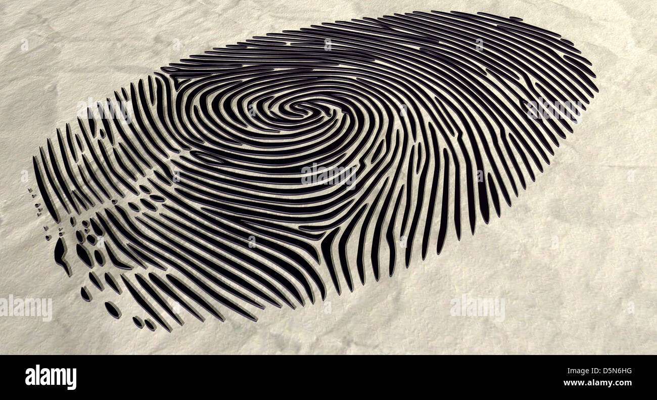 An extreme closeup of a raised ink fingerprint on a brown crumpled ...