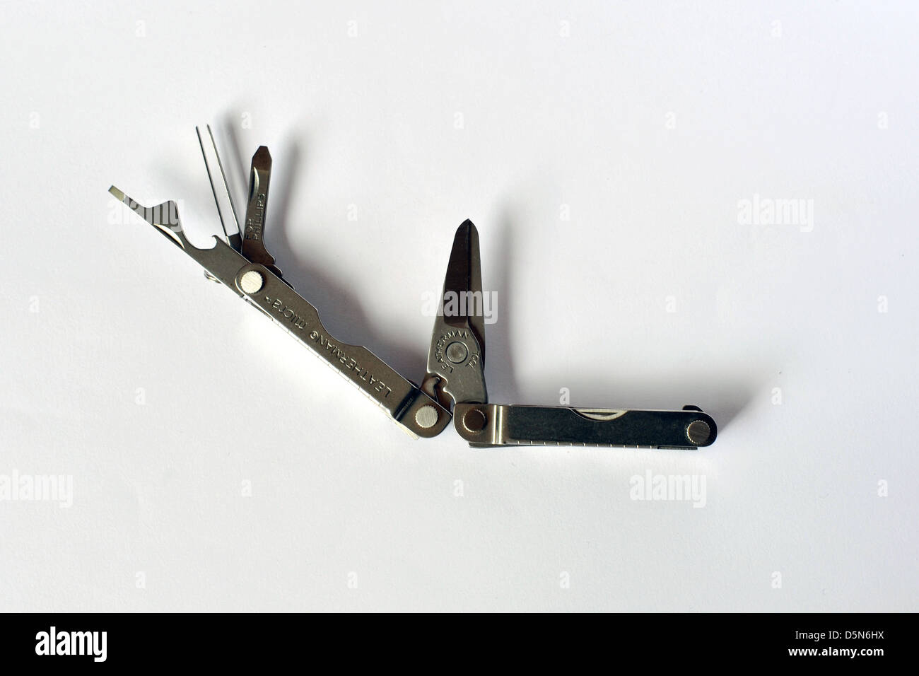 A micro leatherman multi tool photographed in a studio against a white ...