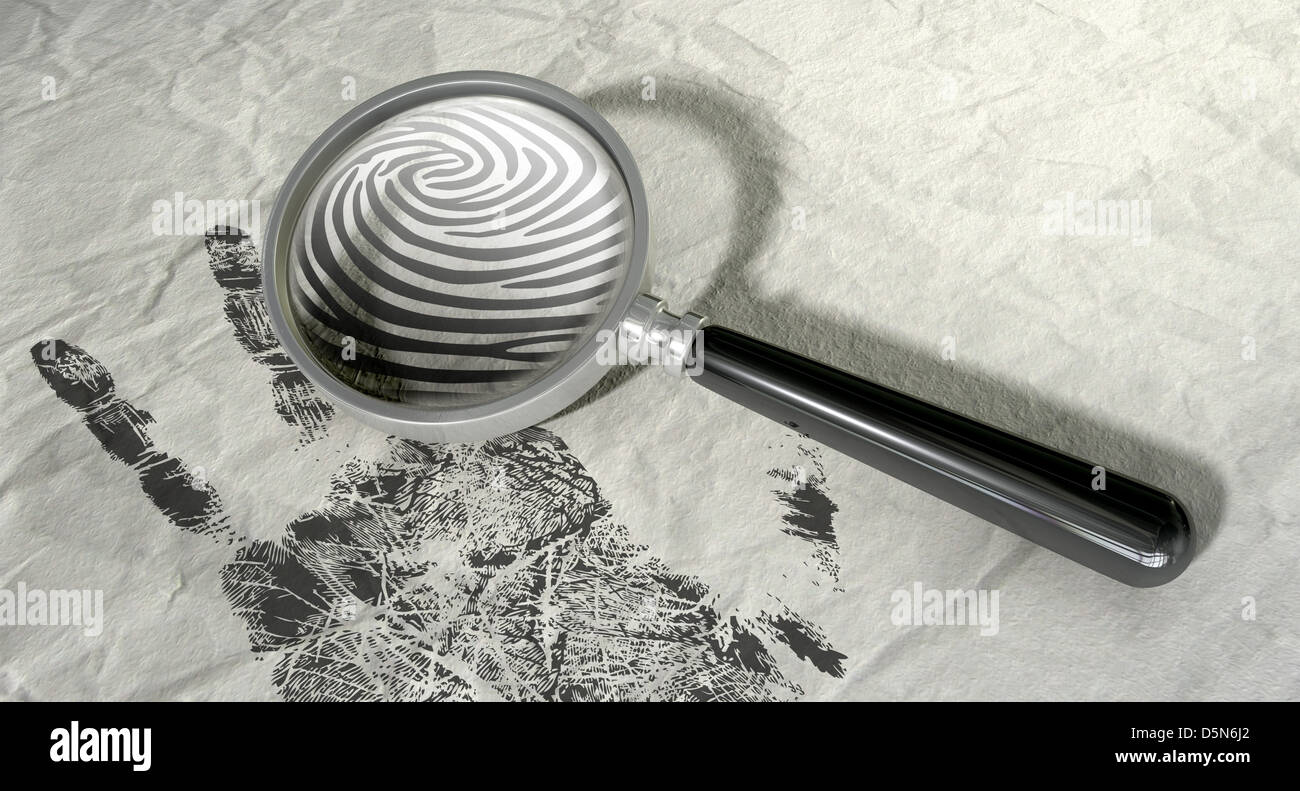 A regular magnifying glass magnifyng the fingerprint of a hand print on ...