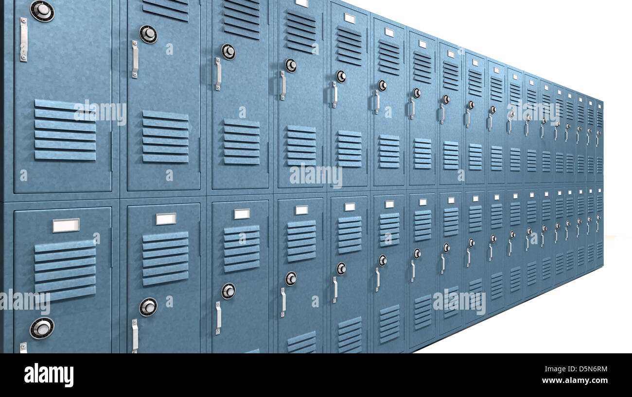 A perspective view of a stack of blue metal school lockers with ...