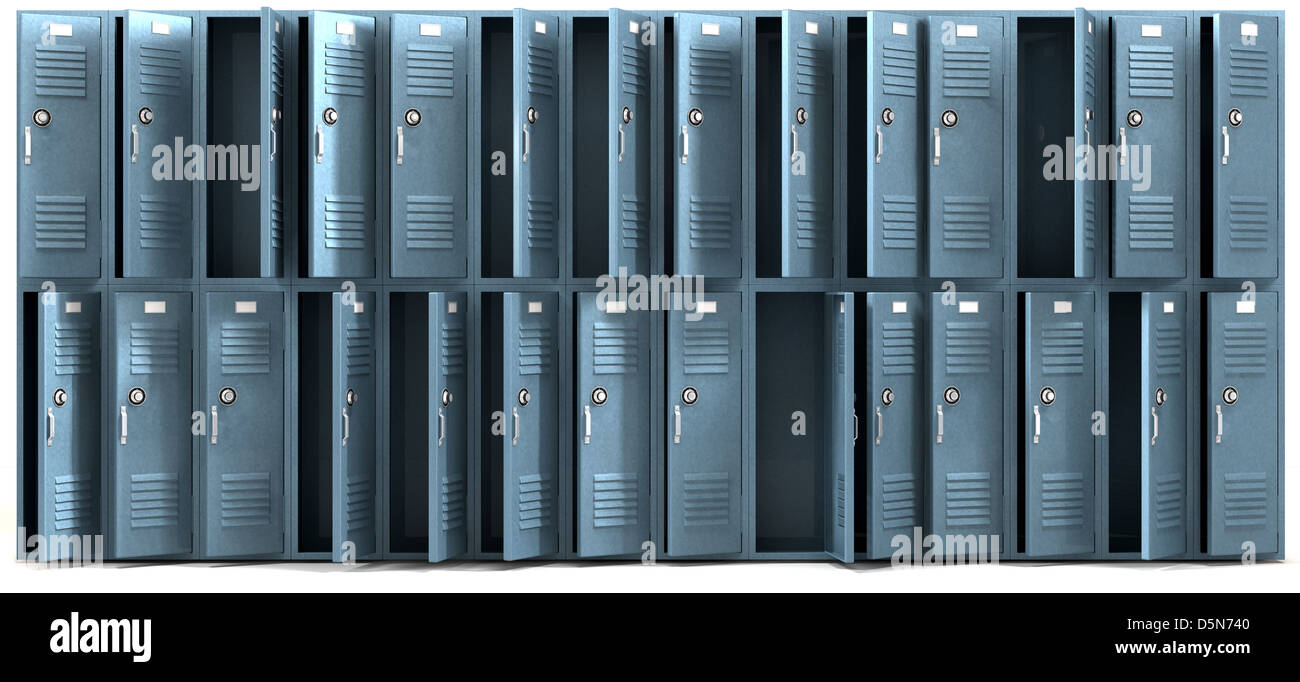 A perspective view of a stack of ransacked blue metal school lockers ...