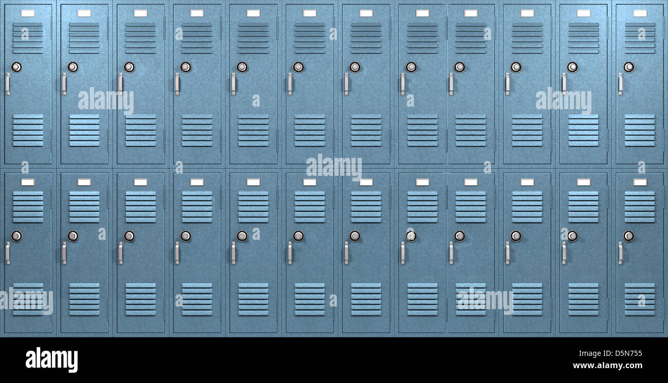 A front on view of a stack of blue metal school lockers with ...