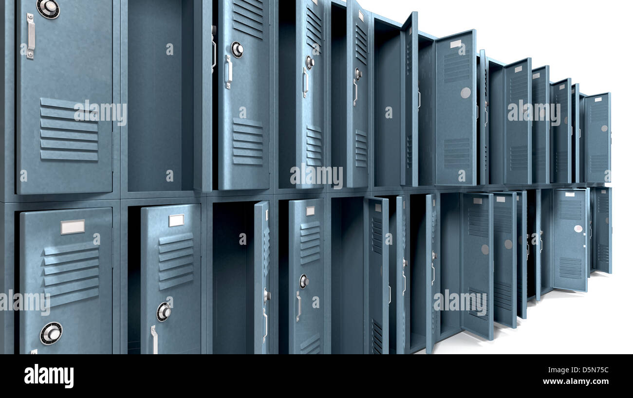 A perspective view of a stack of ransacked blue metal school lockers ...