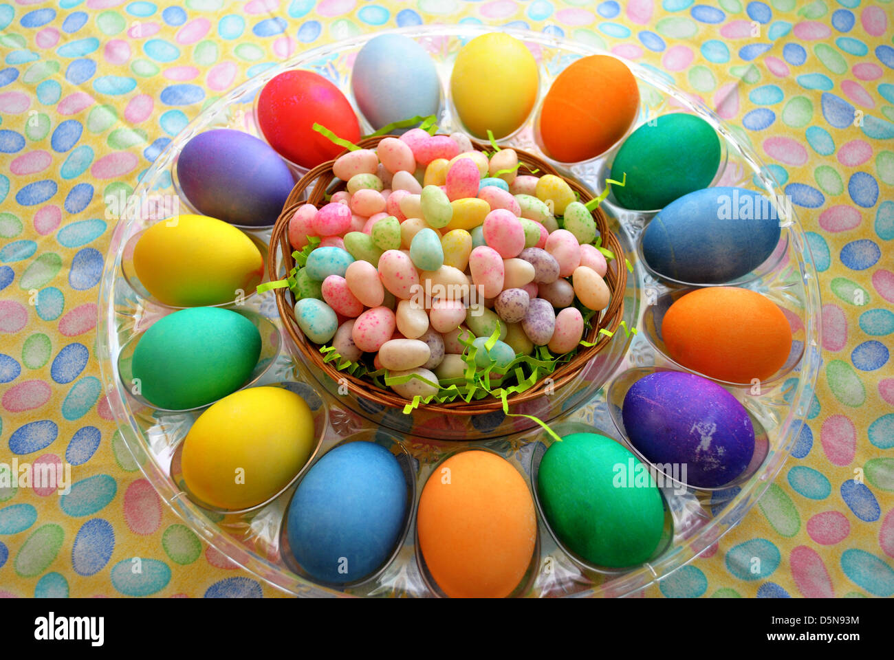 Colored Eggs Around Fancy Jelly Beans Stock Photo - Alamy
