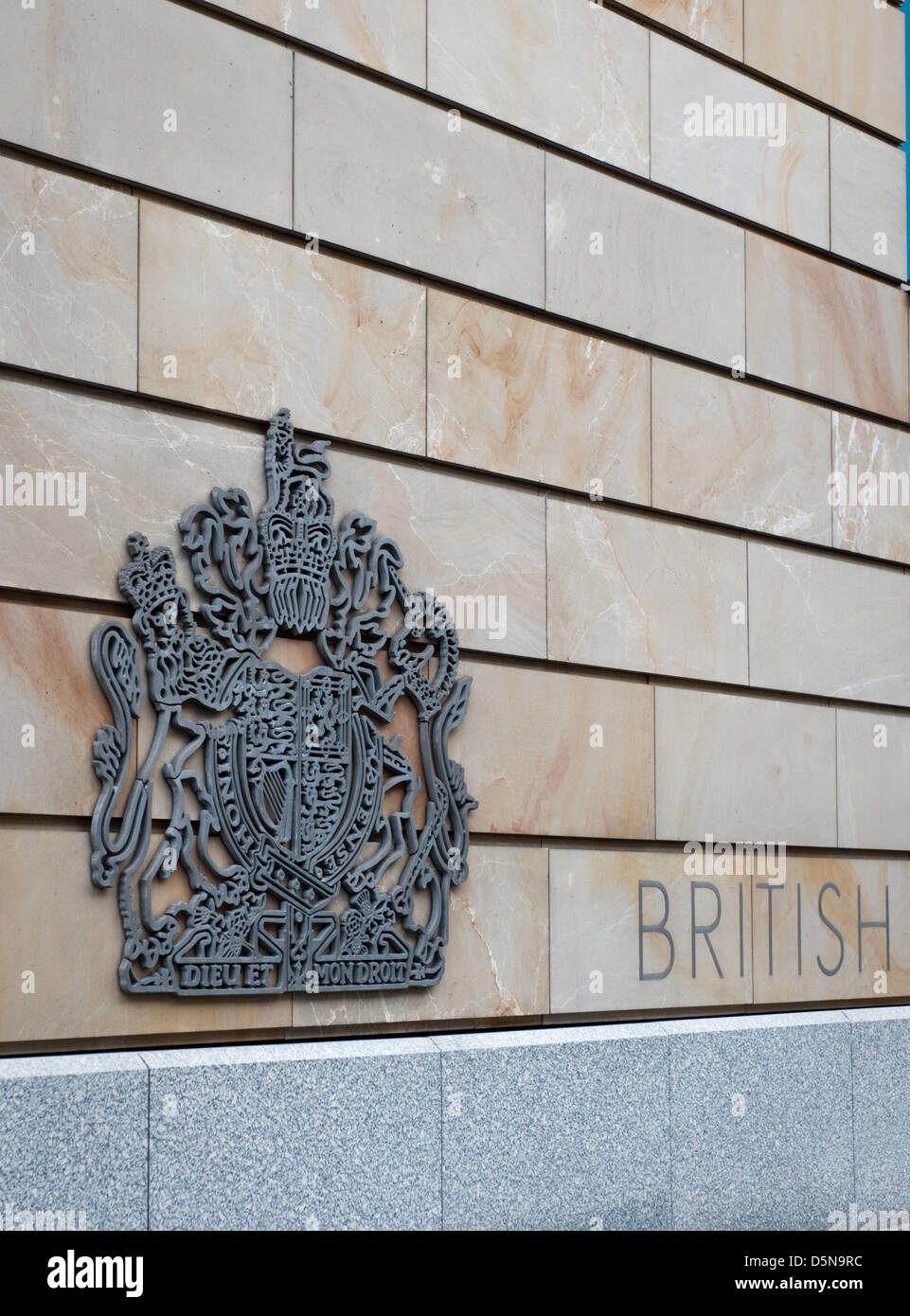 The lettering 'British' is seen next to the royal coat of arms of Great ...