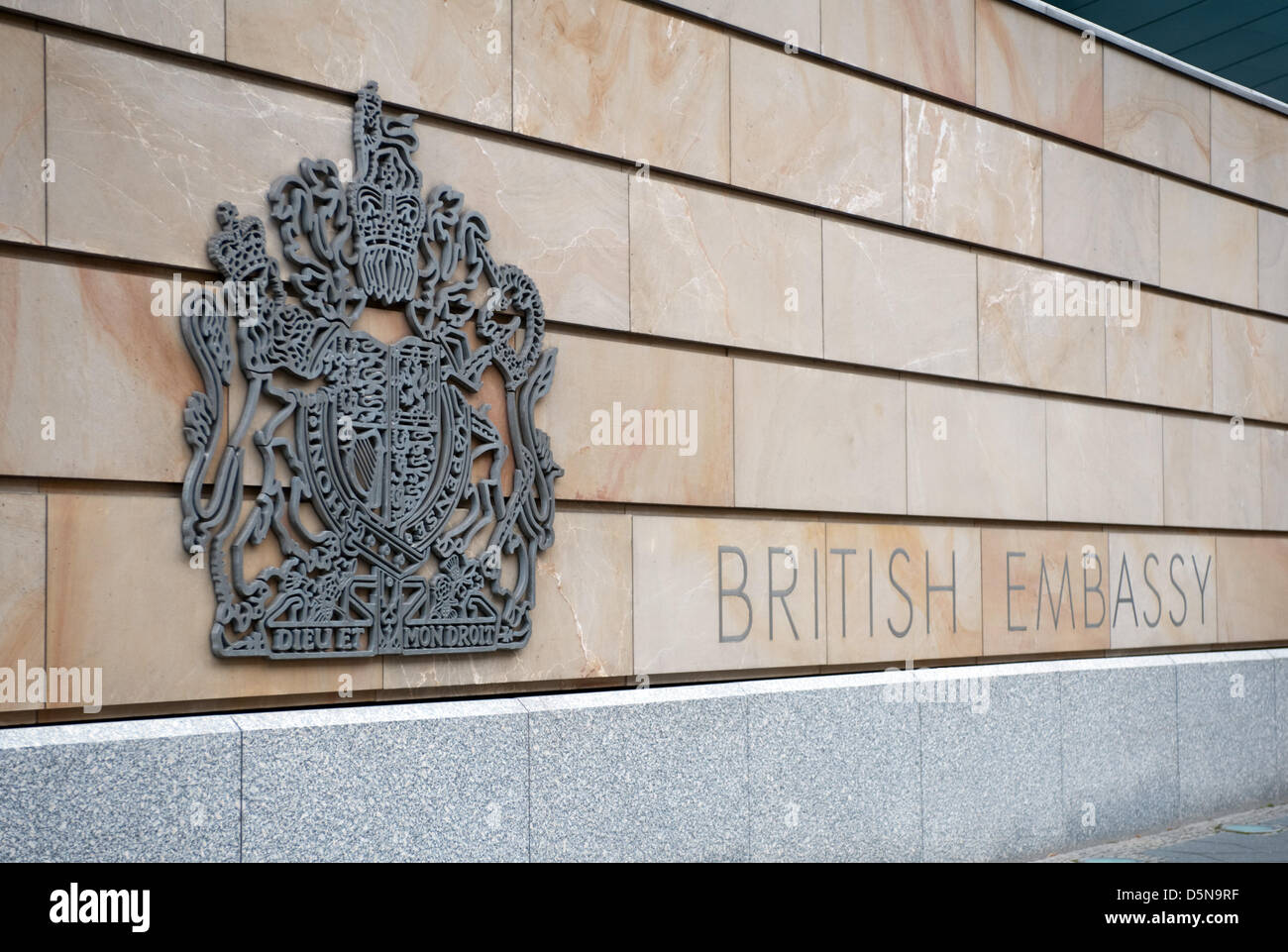 The lettering 'British Embassy' is seen next to the royal coat of arms ...