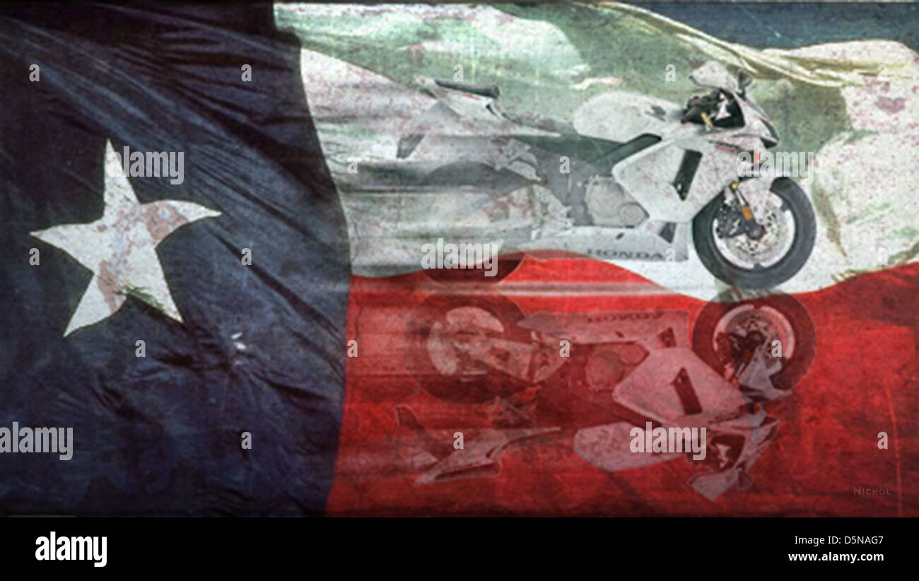 Digitally enhanced image of a Honda motorcycle over a Texas state flag ...