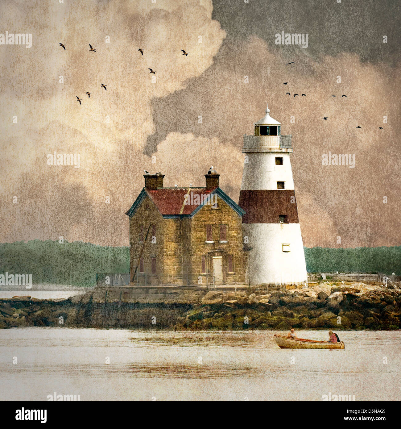 Digitally enhanced image of Execution Rocks lighthouse in Long Island ...