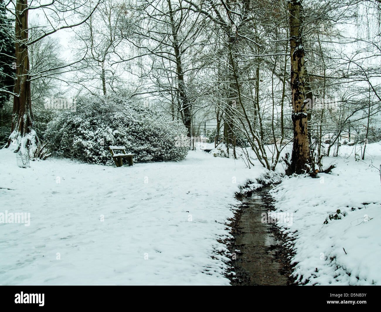Stream in snow covered park Stock Photo - Alamy