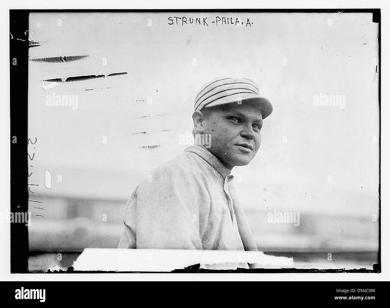 This black-and-white photograph shows Amos Strunk, a center fielder for ...