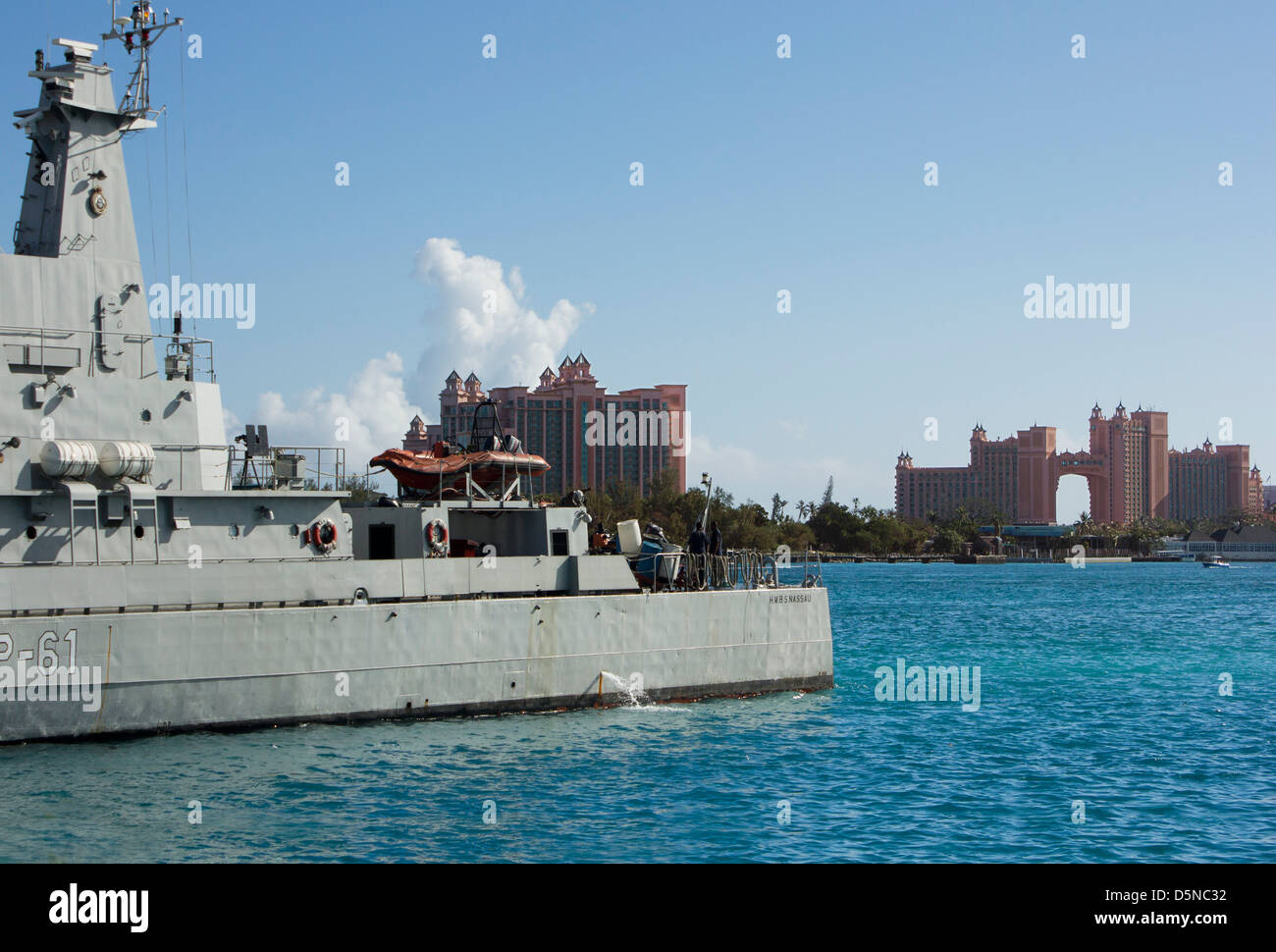Nassau, The Bahamas: Military ship in foreground with Atlantis resort ...