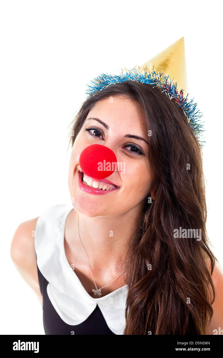 Happy new year. Party time. Young beautiful woman with party hat and ...