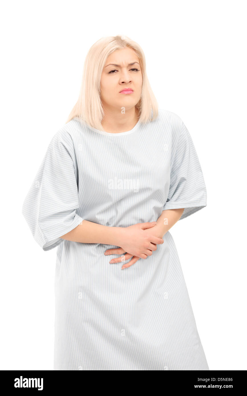Female patient with a stomach ache, isolated on white background Stock ...