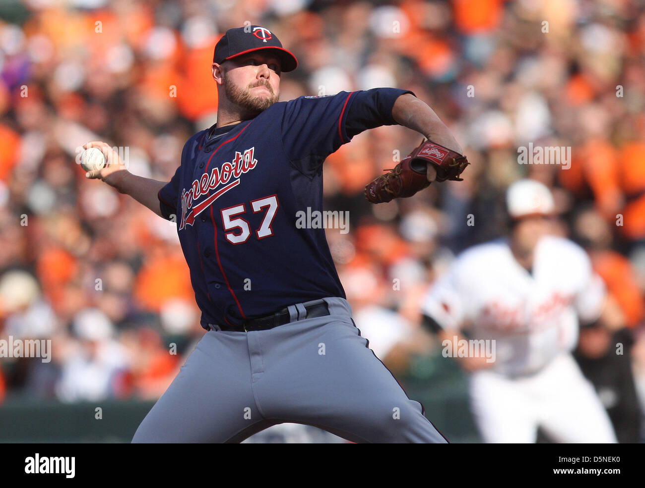 Baltimore, USA. 5th April 2013. Minnesota Twins pitcher Ryan Pressley ...