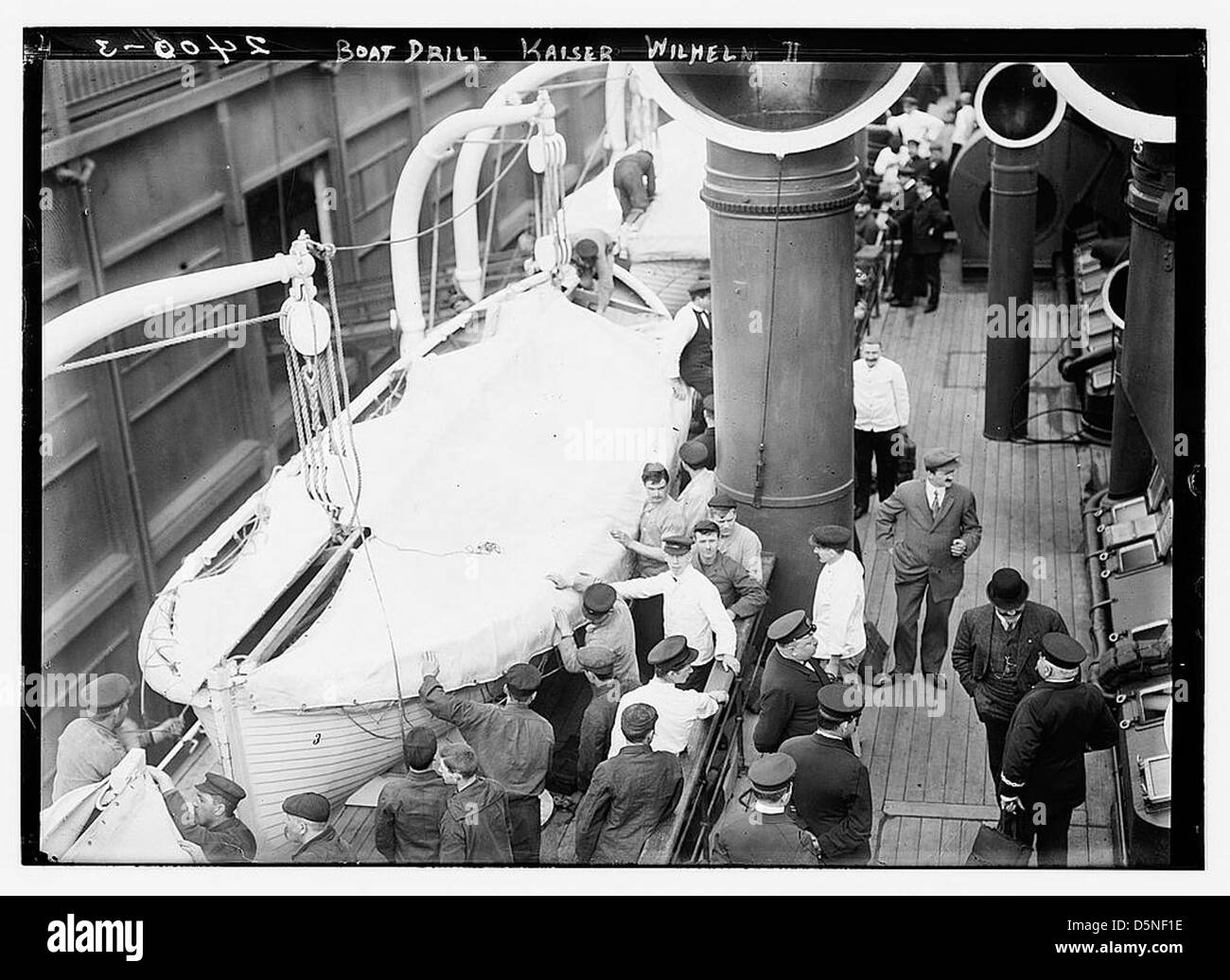 A photograph showing a lifeboat drill on the ocean liner Kaiser Wilhelm ...