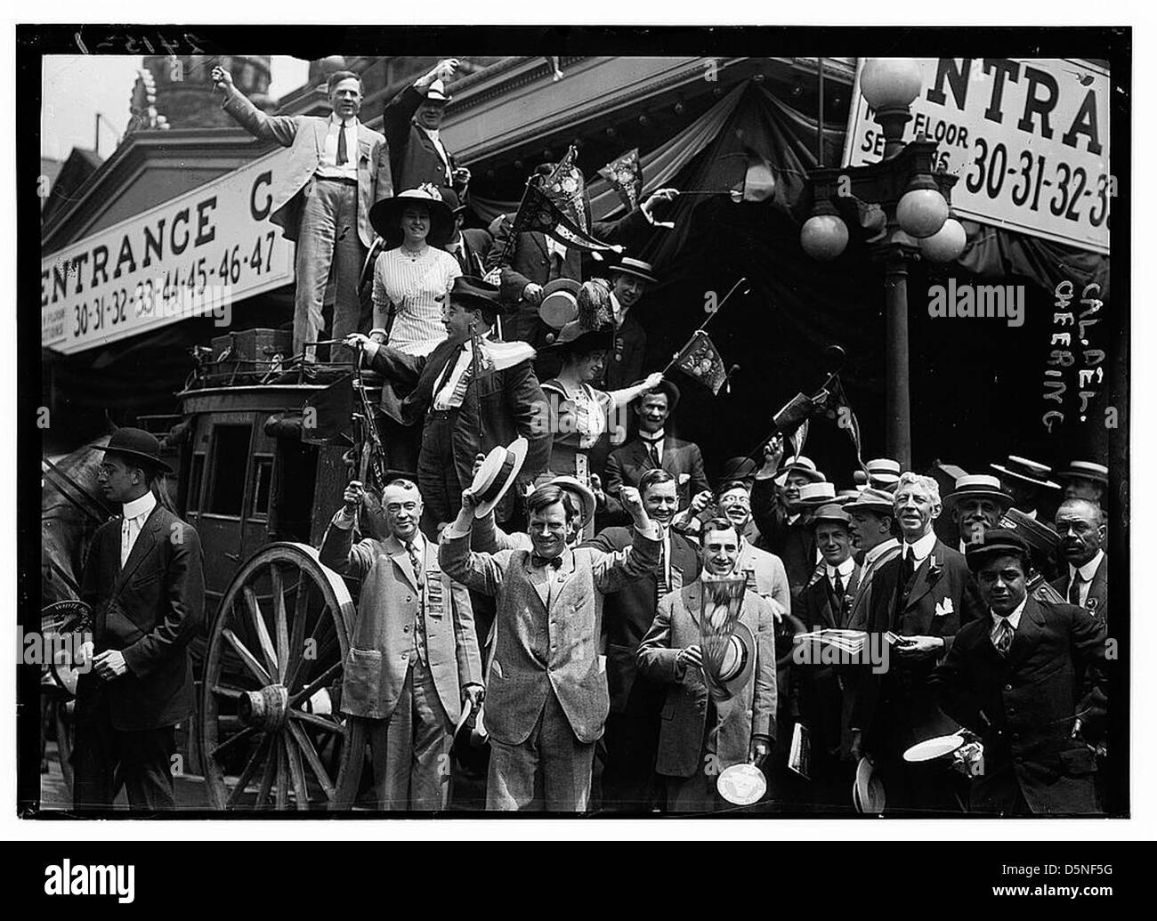 A photograph of California delegates cheering for a stagecoach at the ...