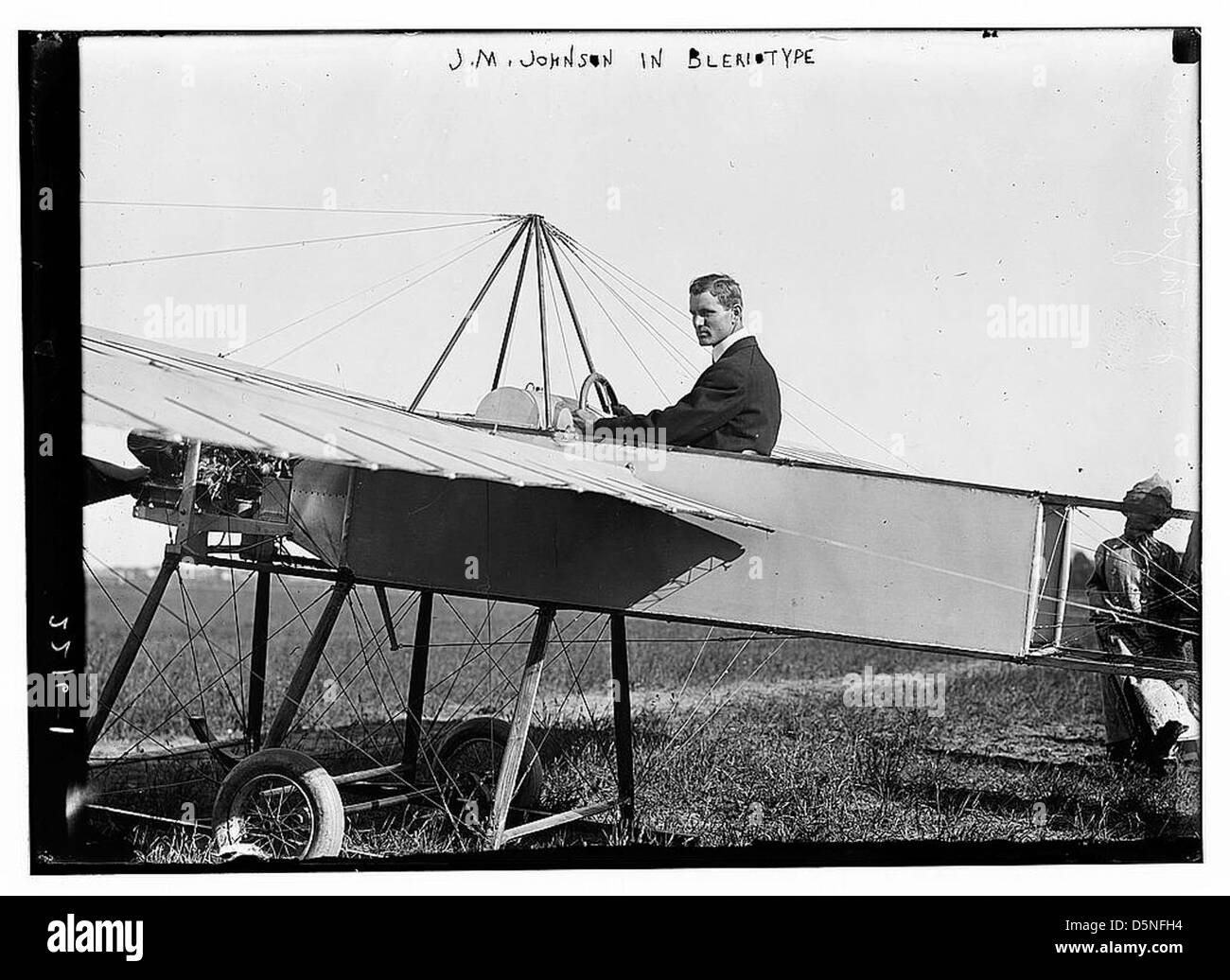 J.M. Johnson is shown with a Bleriot monoplane in this early 20th ...