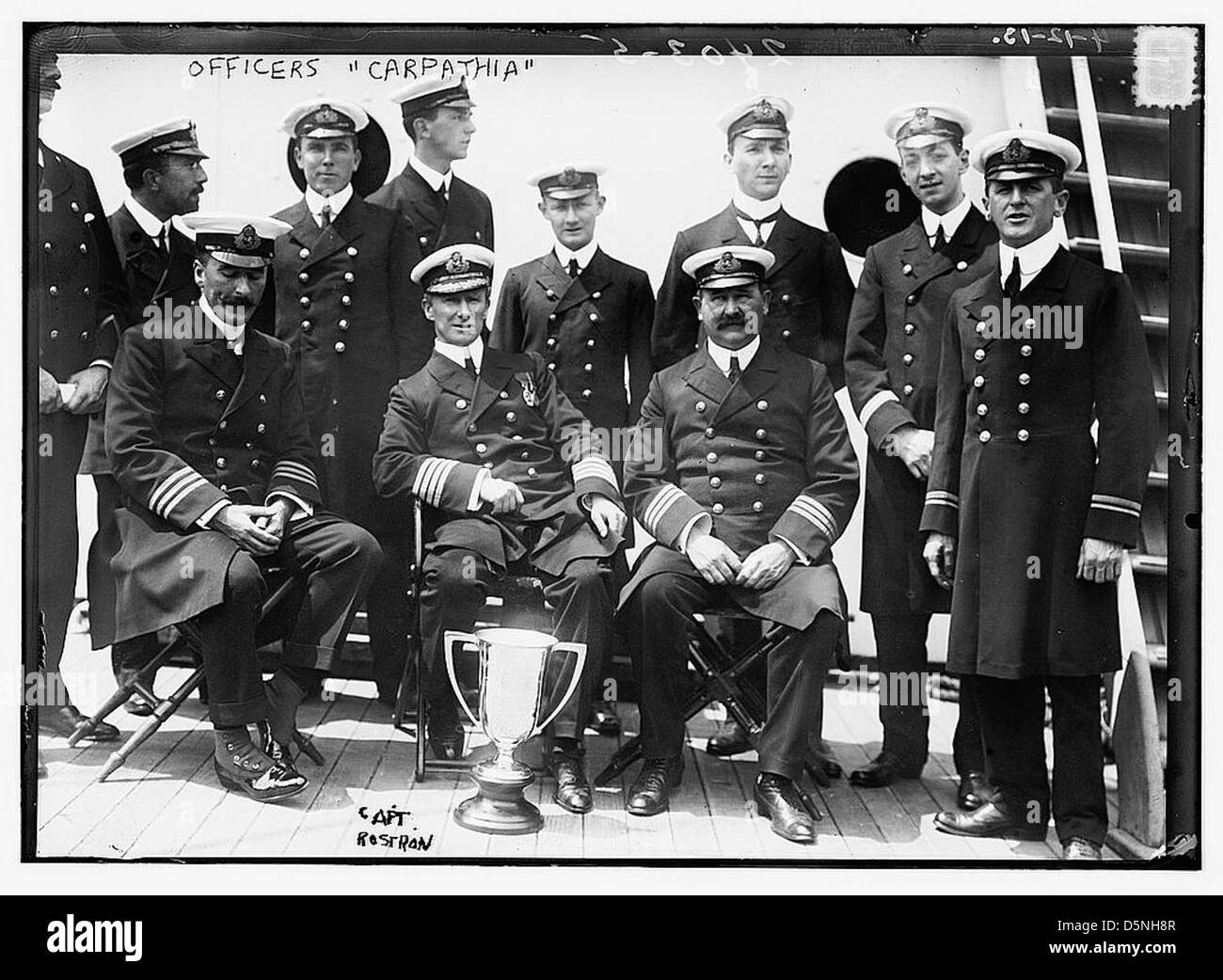 This image shows officers aboard the RMS Carpathia, the ocean liner ...