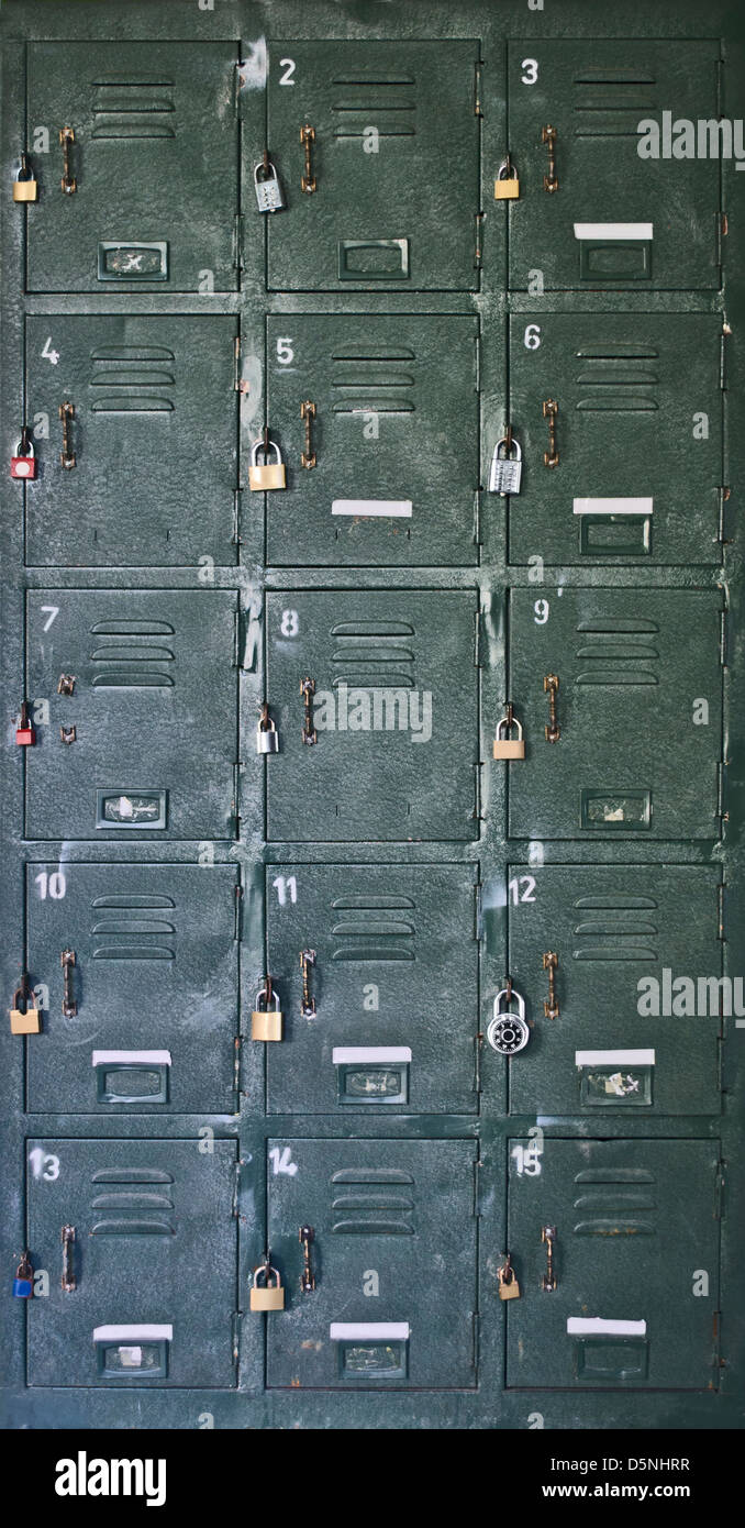 Old, rusty school locker with labels and padlocks Stock Photo - Alamy