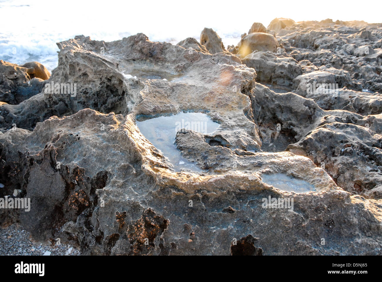 Sunlight breaks over the water pooled rocks of Blowing Rocks Preserve ...