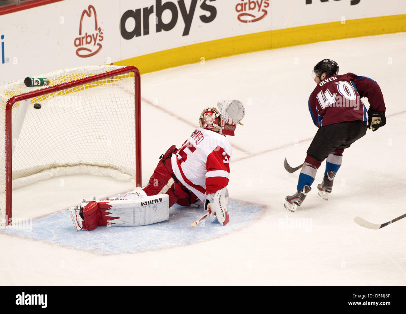 Denver, Colorado, USA. 5th April 2013. Avalanche C MARK OLIVER, right ...