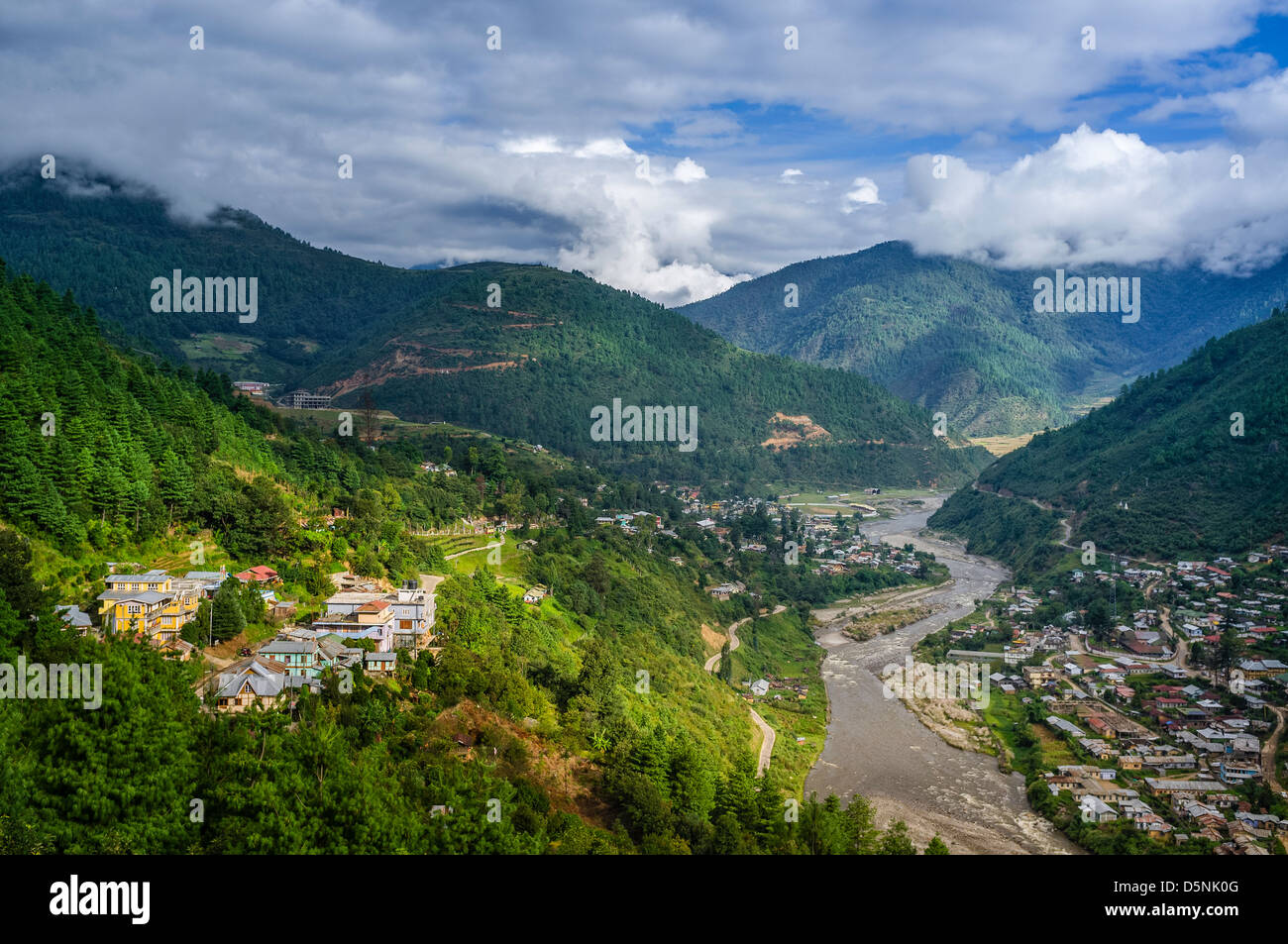 Dirang town and the Kameng river snaking through the valley surrounded ...