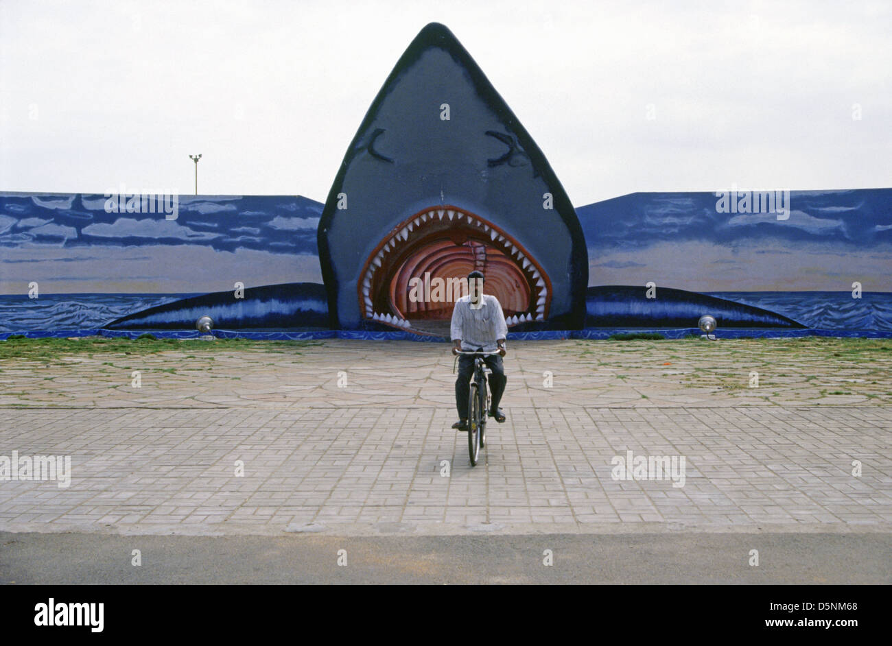 A man rides a bicycle next to a structure depicting a shark in MGR Film ...