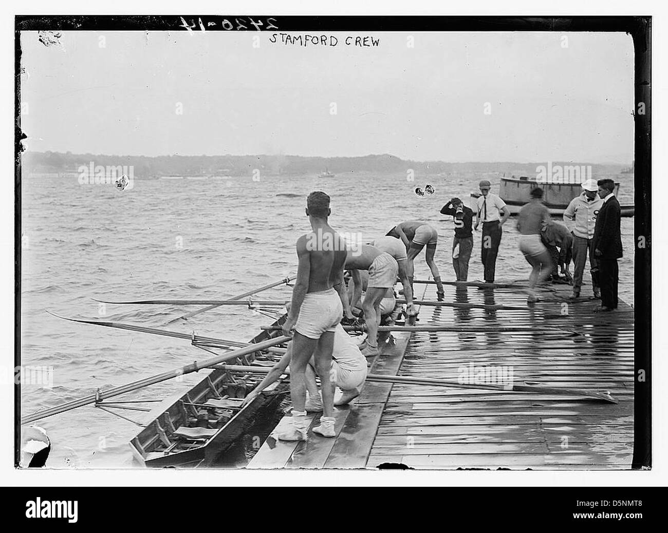 A photograph of the Stanford University rowing crew on the Hudson River ...