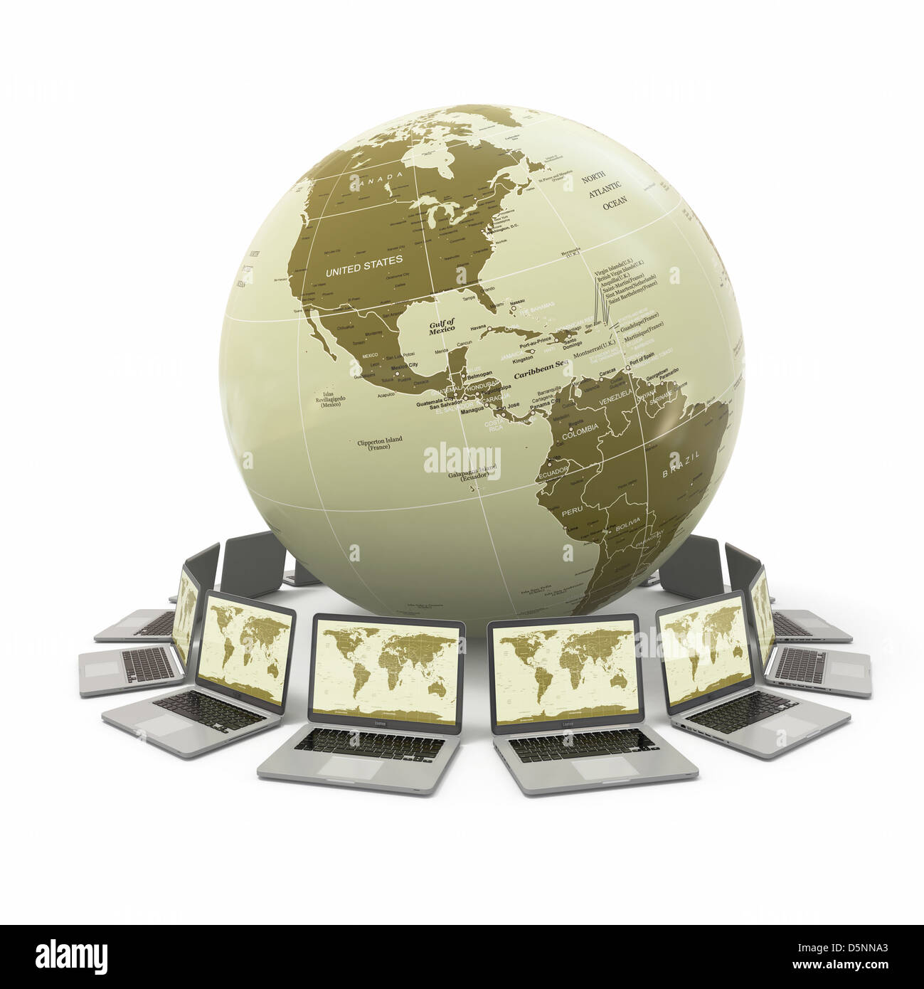 Internet. Global communication. Earth and laptop on white isolated ...
