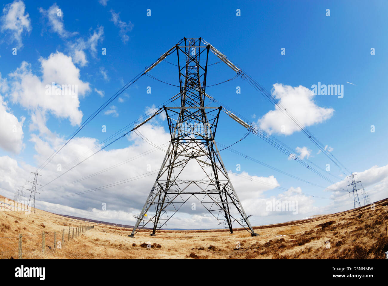 Electricity pylons crossing an upland moor near the Lancashire ...